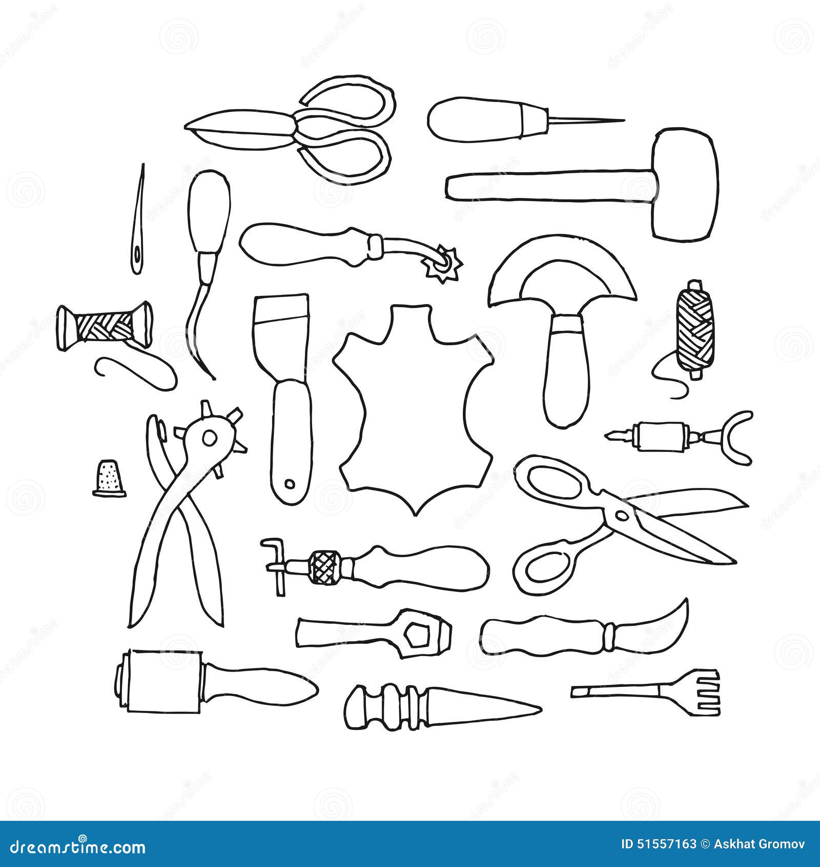 Hand Drawn Leather Working Tools Vector Stock Vector - Illustration of ...
