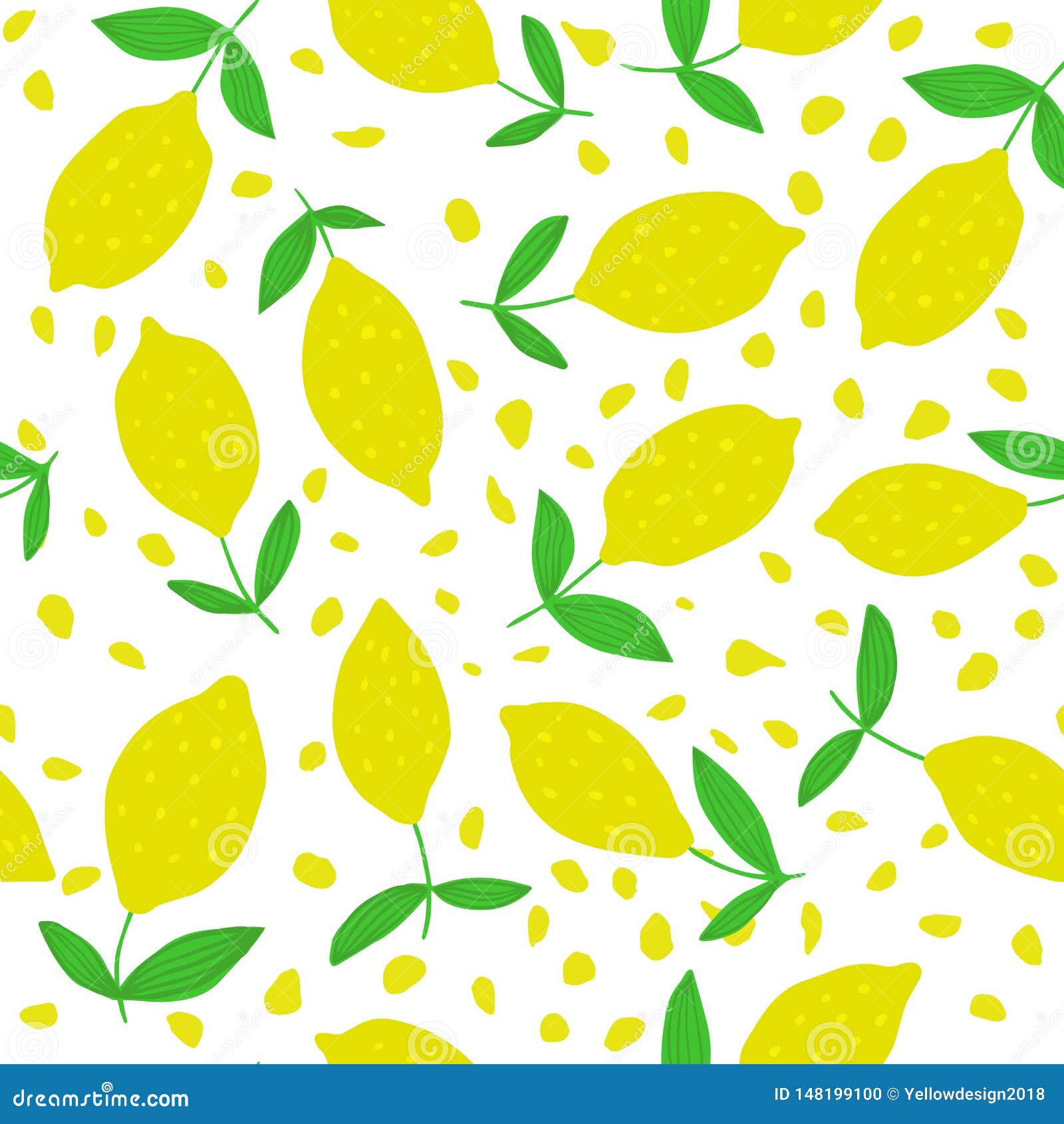 Hand Drawn Lemon Seamless Pattern with Leaves Stock Illustration ...