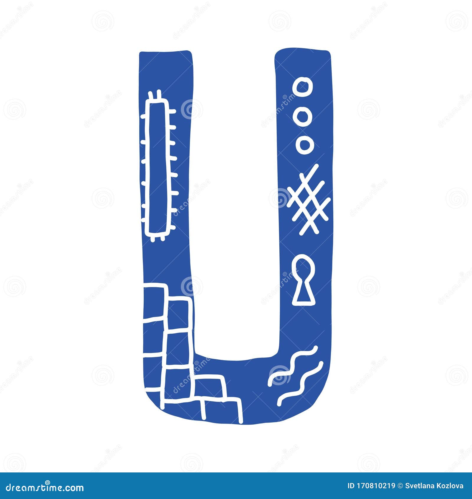 Hand Drawn Letter U with a Pattern Inside. Blue is the Trend Color ...