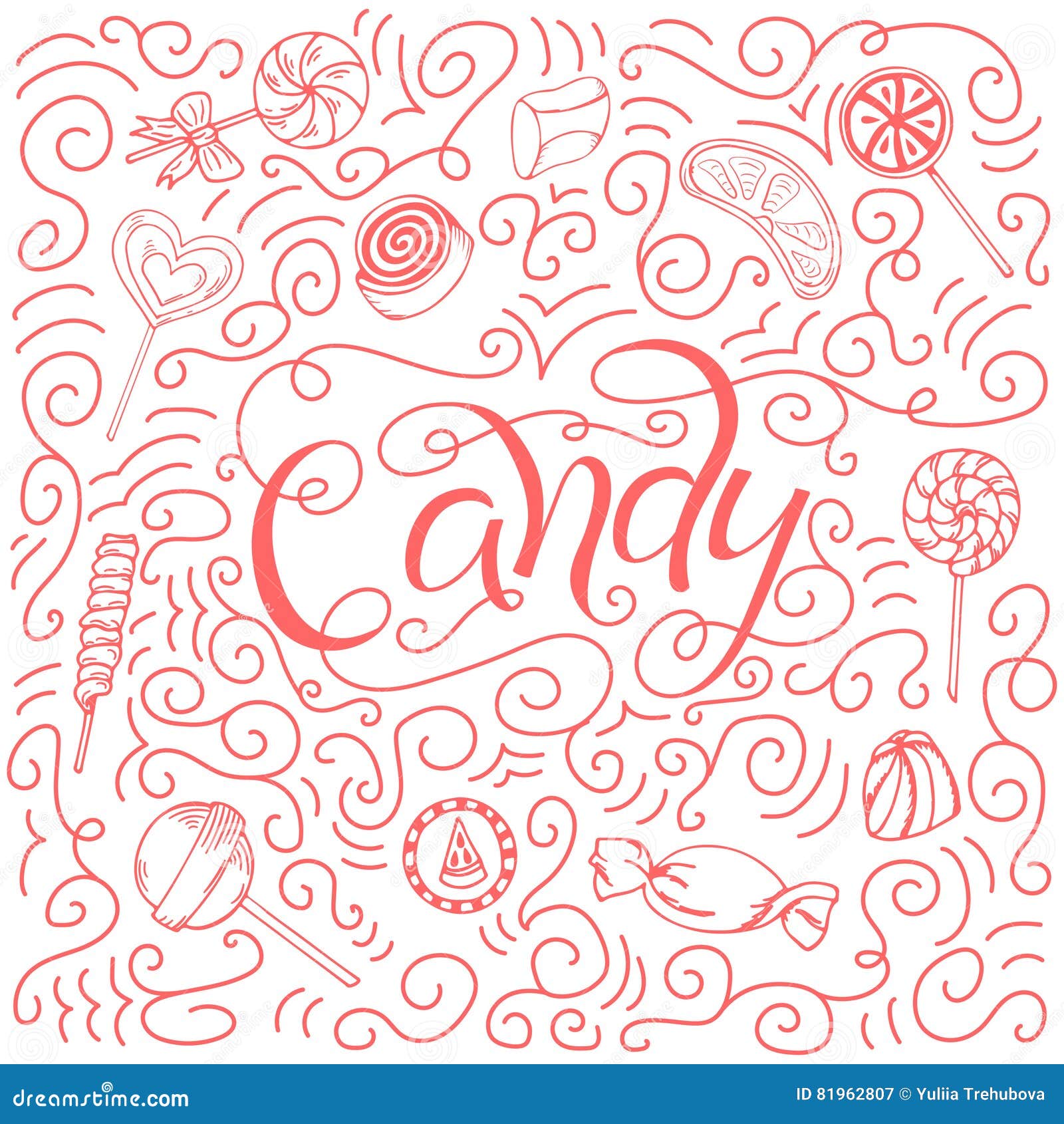 Hand Drawn Lettering. Candy. Label with Candy, Lollipop, Gum Stock ...