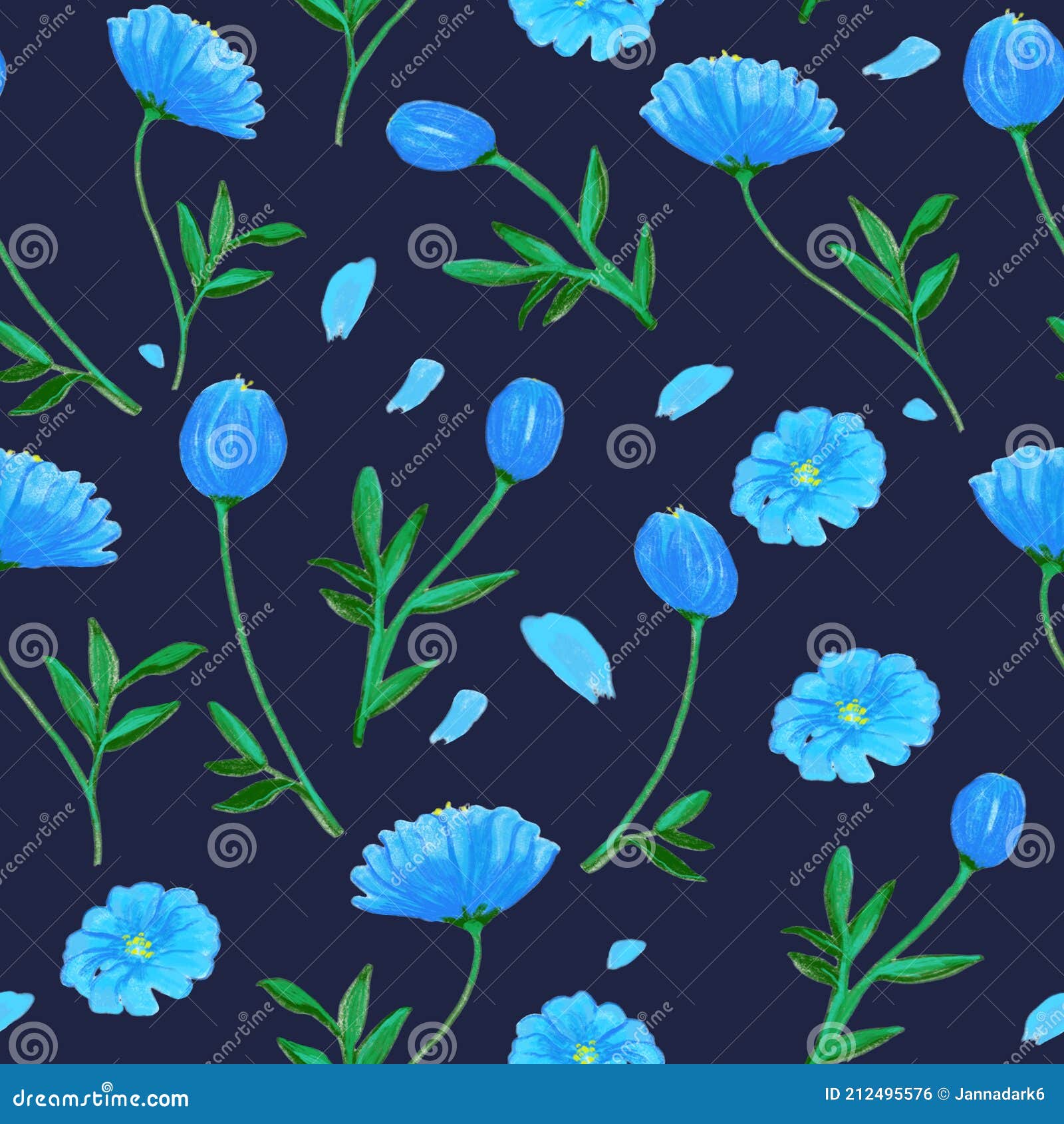 Hand Drawn Light Blue Flowers Pattern Cobalt Stock Illustration ...