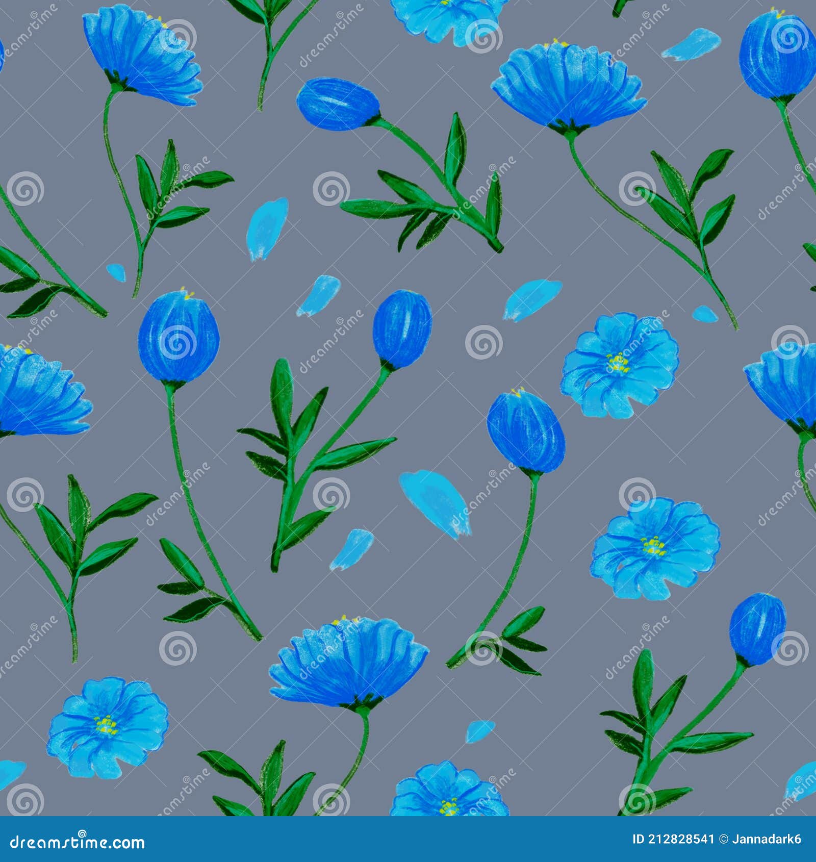 Hand Drawn Light Blue Flowers Pattern Grey Stock Illustration ...
