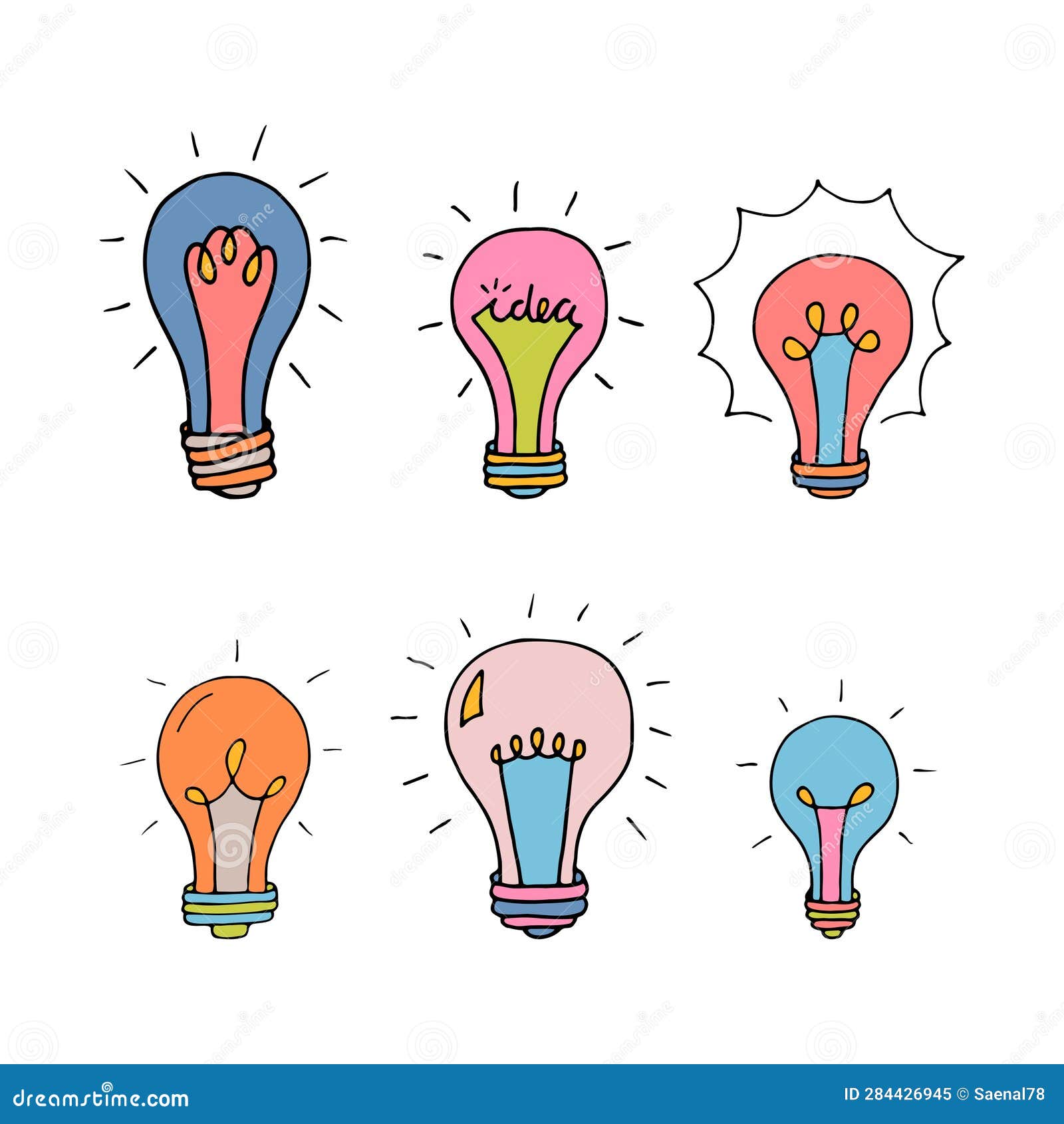 Hand Drawn Light Bulbs. Doodle Light Bulb. Idea Concept Stock Vector ...