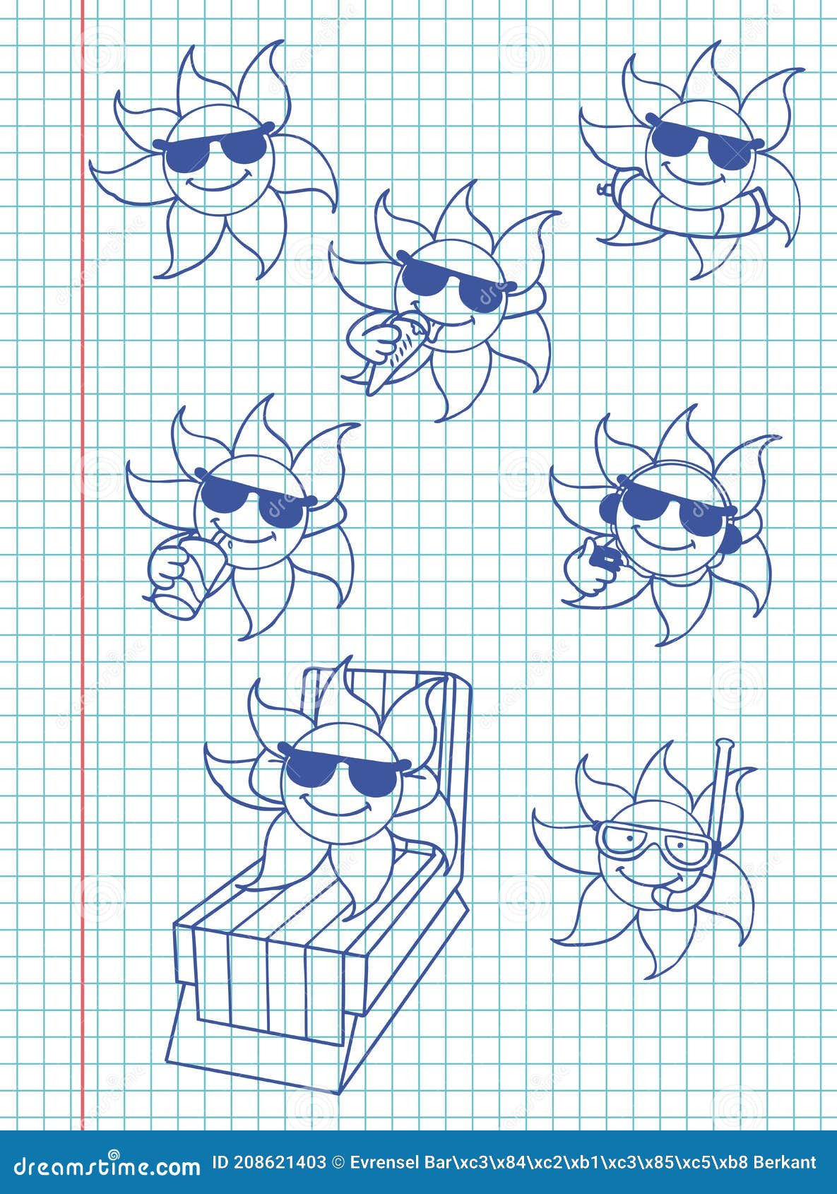 Hand Drawn Line Art Illustrations of Cute Cartoon Sun Characters on a ...