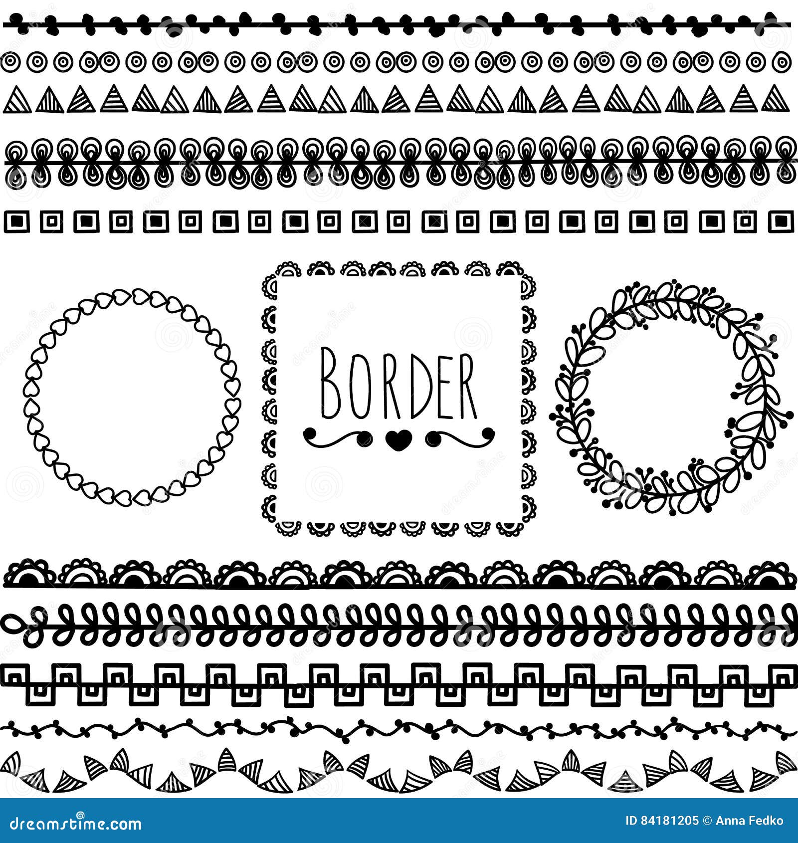 Hand Drawn Line Doodle Borders Set and Wreath Stock Vector ...
