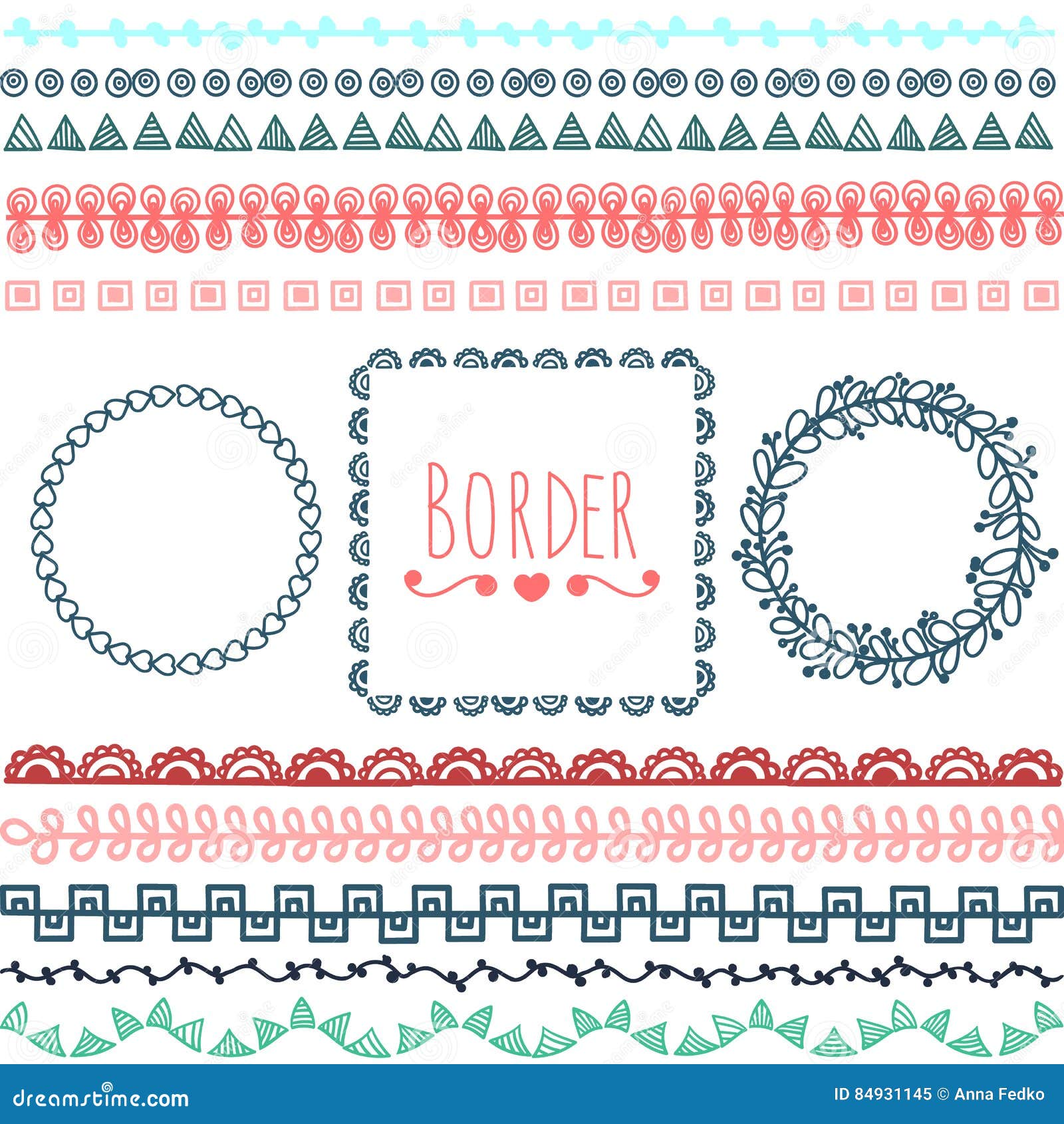 Hand Drawn Line Doodle Borders Set and Wreath Stock Illustration ...