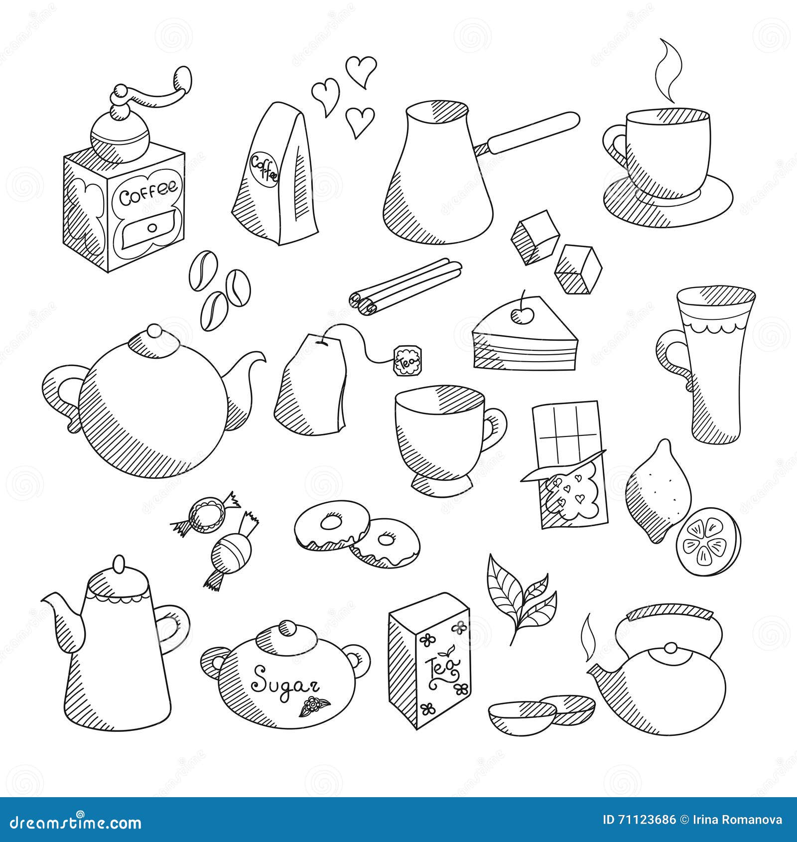 Hand Drawn Linear Sketched Tea and Coffee Collection Stock Vector ...