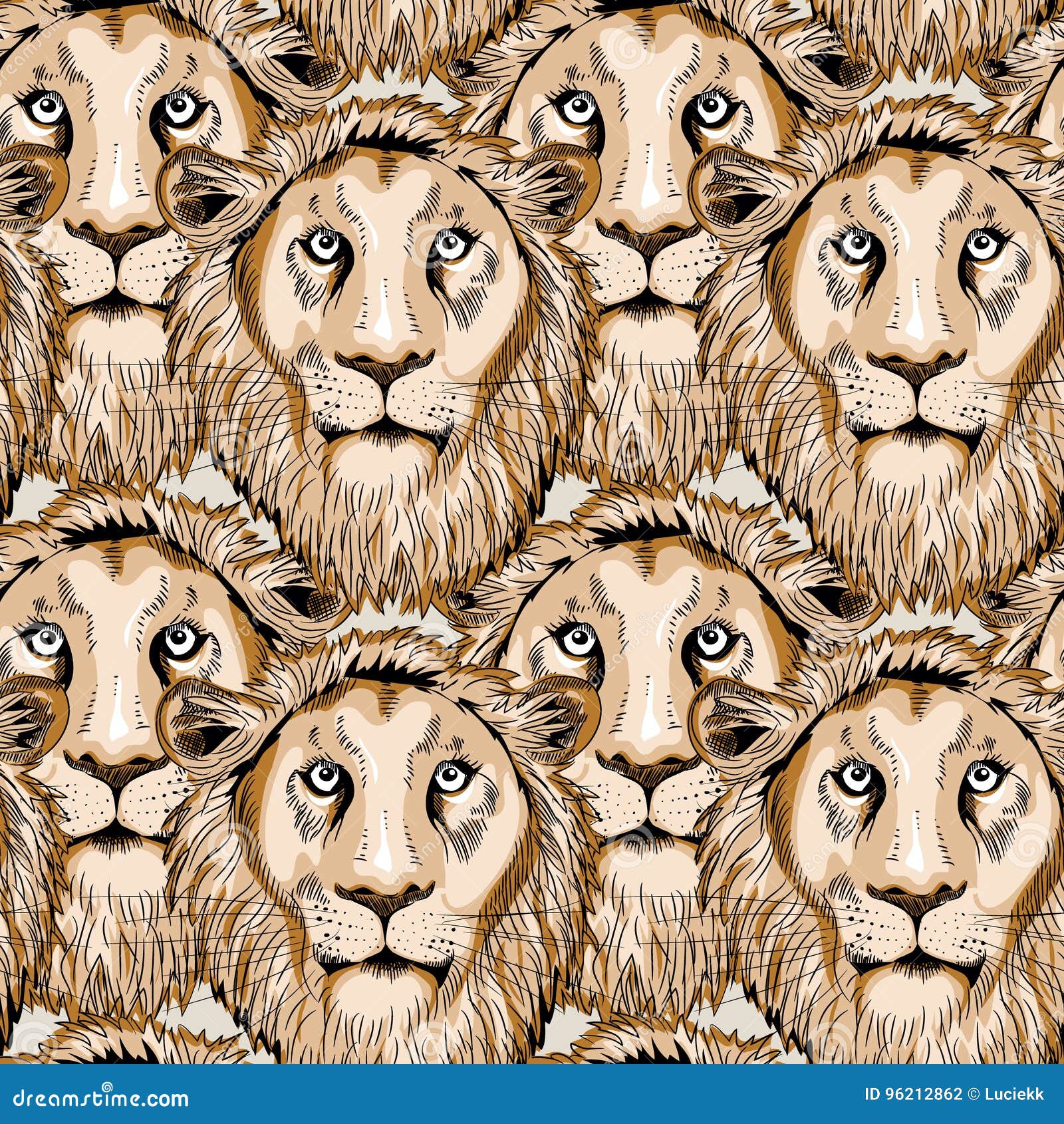 Hand Drawn Lions Seamless Pattern. Vector Illustration on Light Brown ...