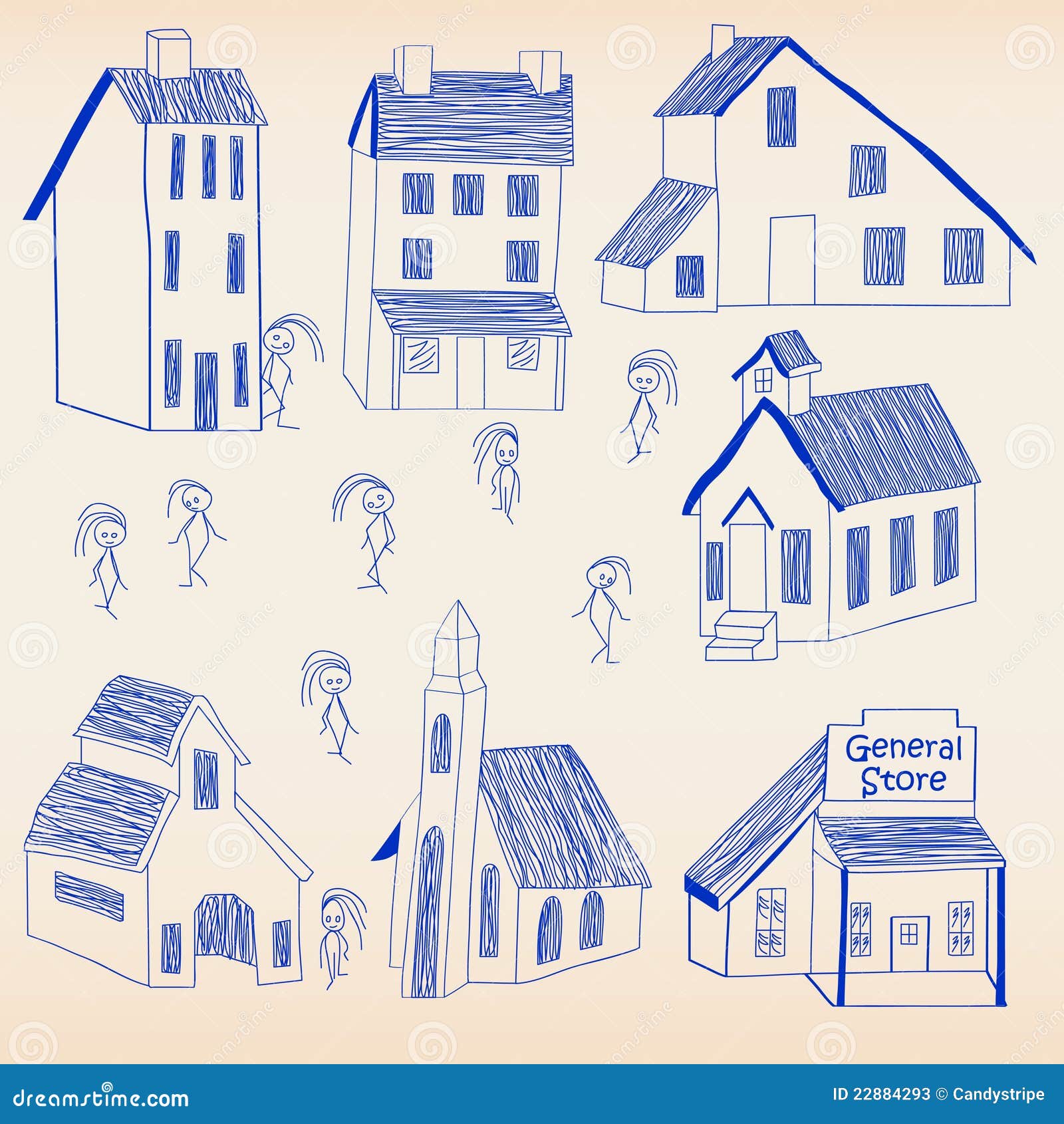 Hand Drawn Little Town Icon Set Stock Vector - Illustration of design ...