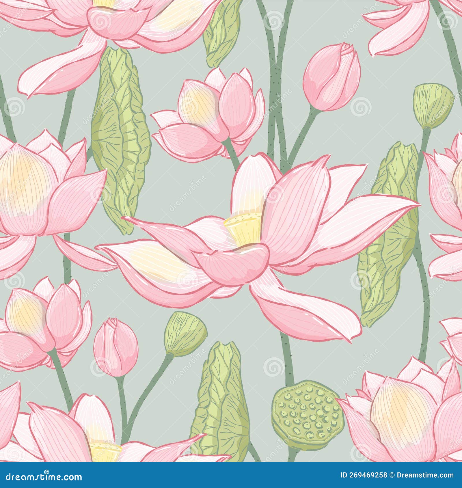 Hand Drawn Lotus Flower Seamless Pattern Stock Vector - Illustration of ...