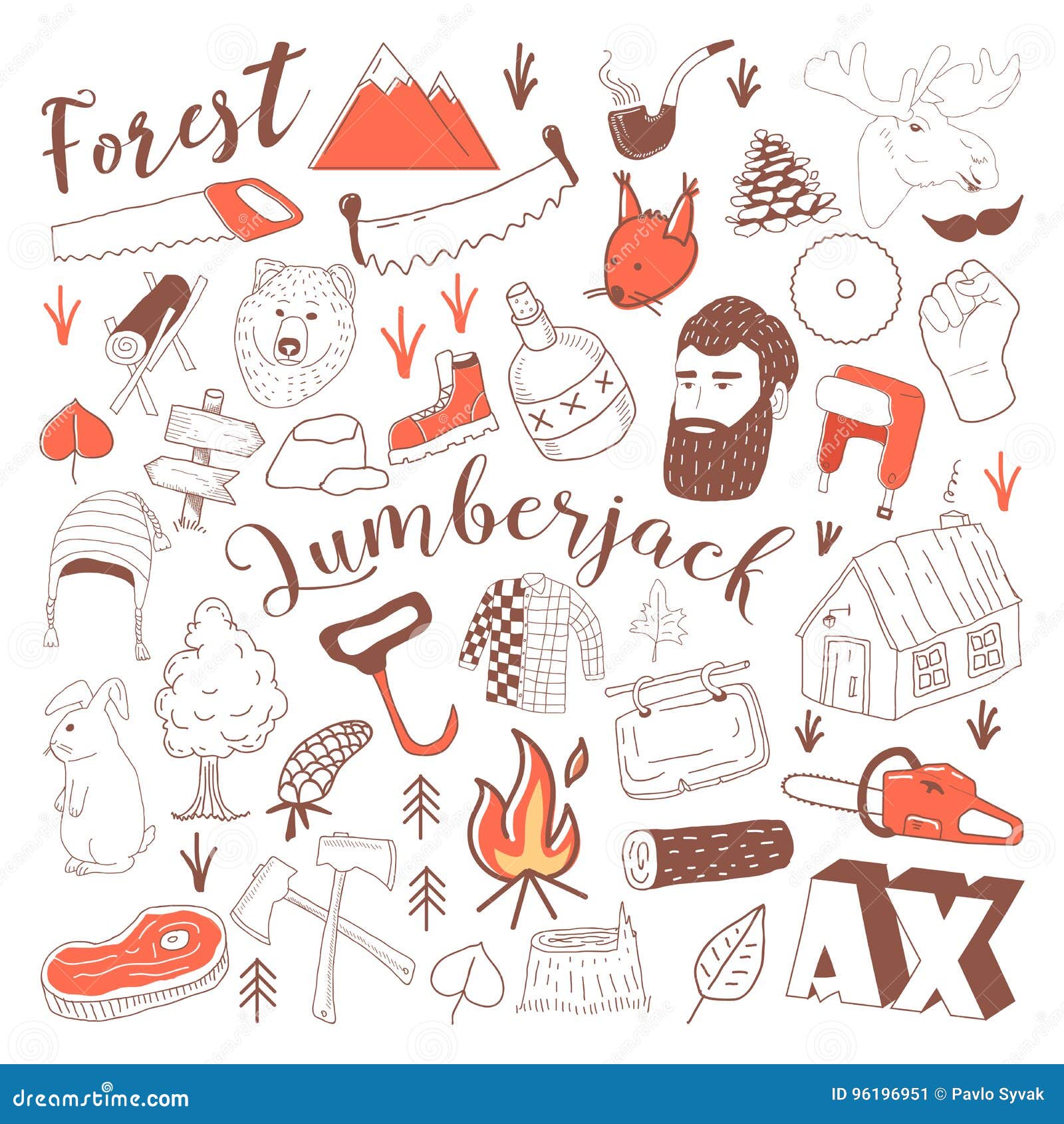 Hand Drawn Lumberjack Doodle. Freehand Woodworking Elements Set Stock Vector - Illustration of ...