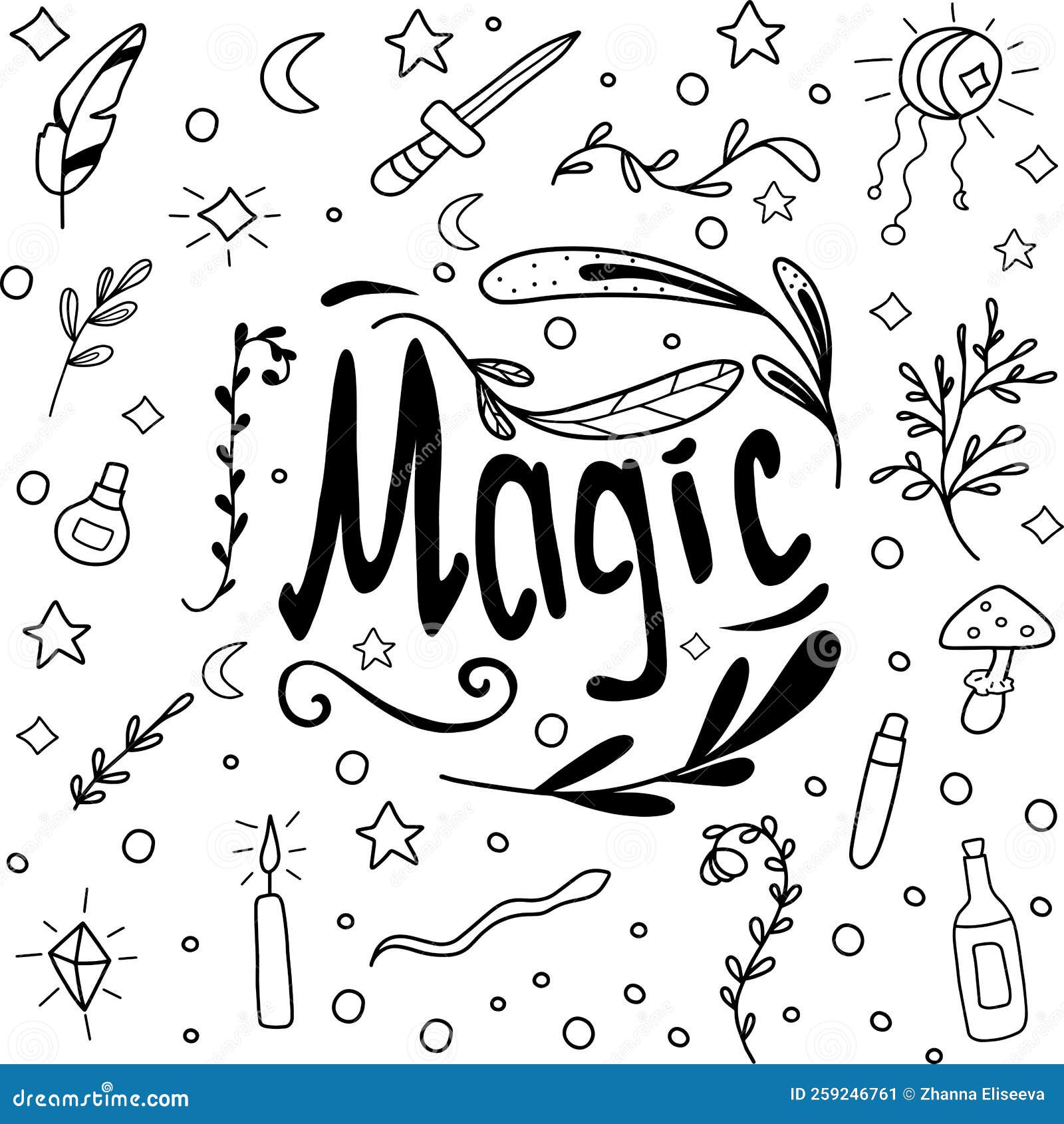Hand Drawn Magic Set in Doodle Stock Vector - Illustration of mystic ...