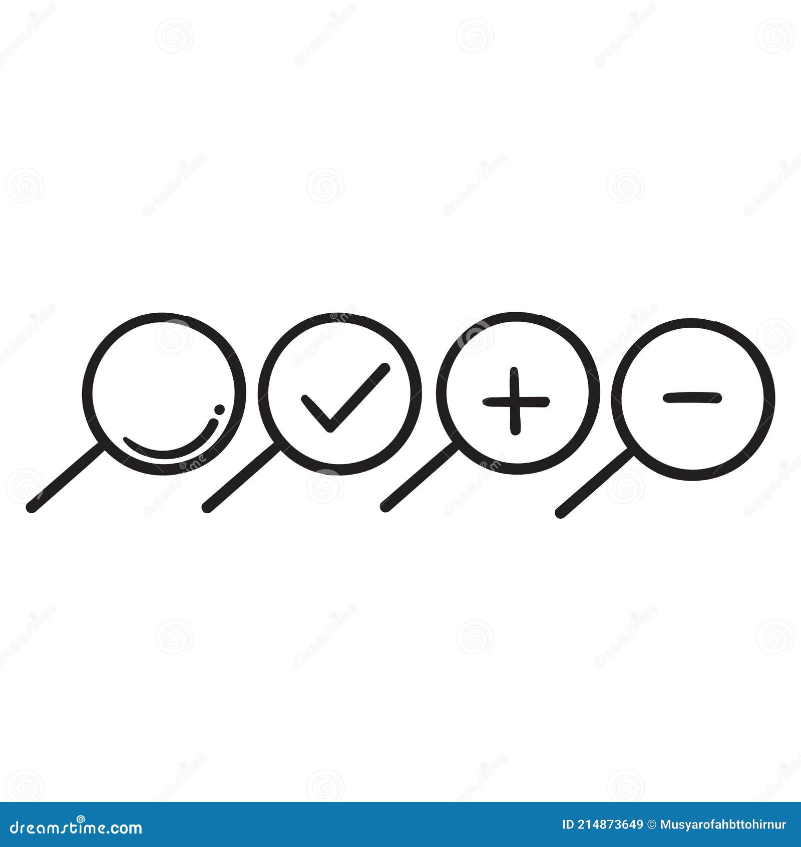 Hand Drawn Magnifying Glass Icon with Min, Plus and Check Mark Symbol ...