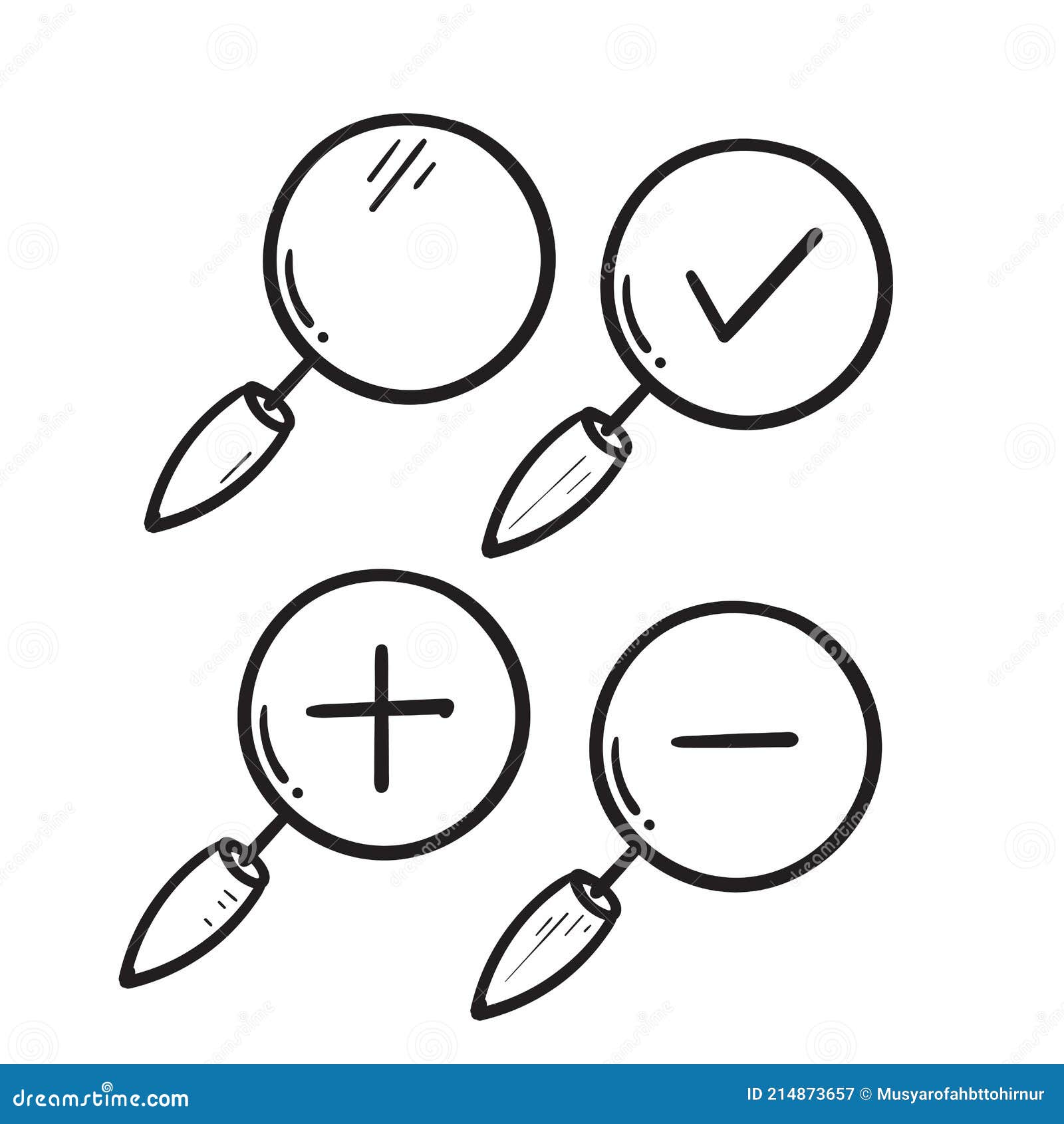 Hand Drawn Magnifying Glass Icon with Min, Plus and Check Mark Symbol ...
