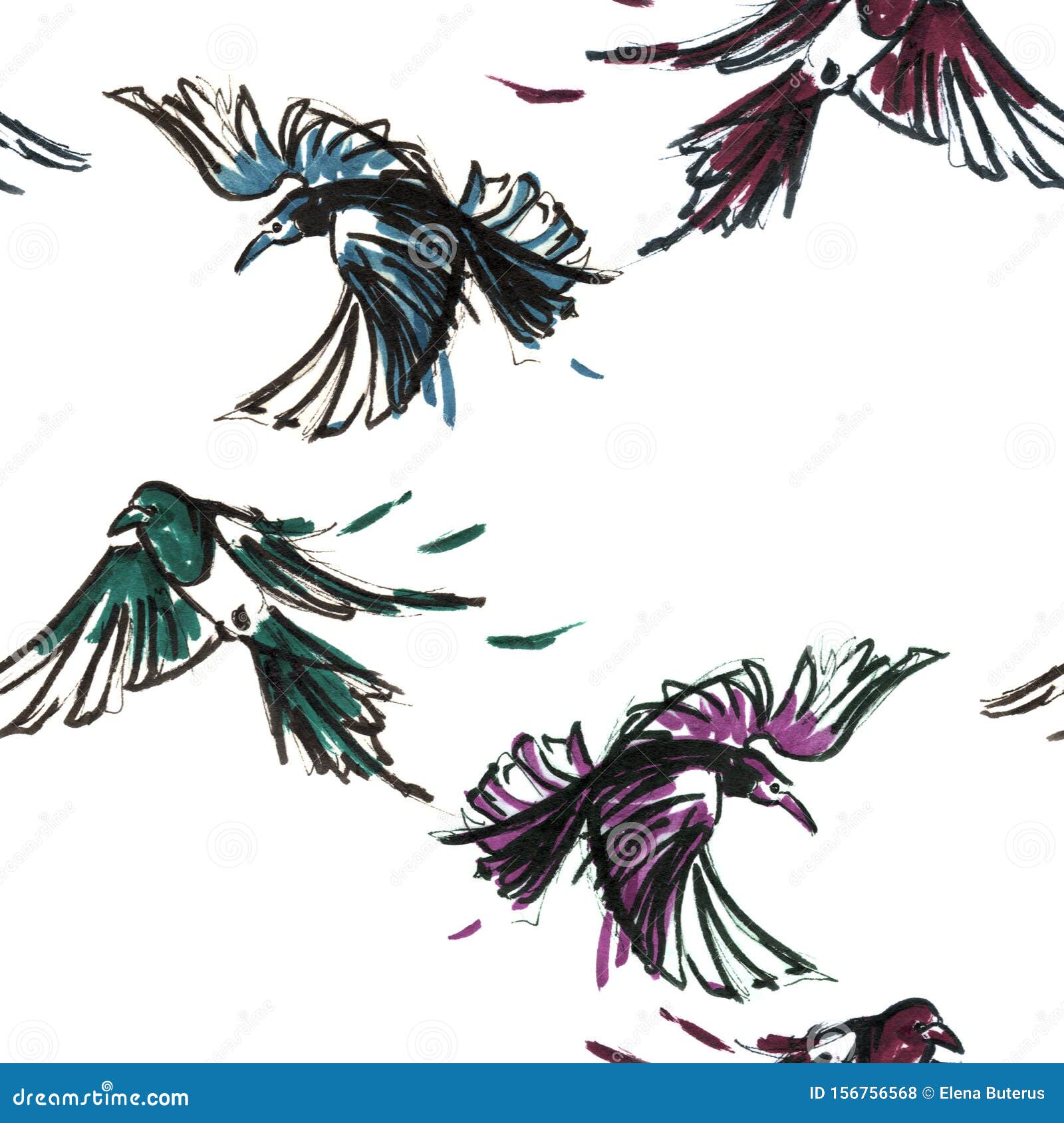 Hand Drawn Magpies Pattern stock photo. Image of feather - 156756568