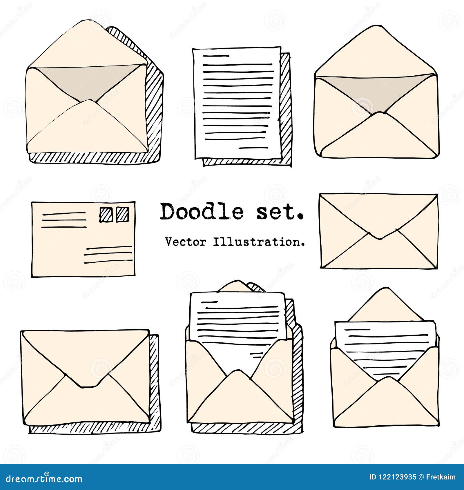 Hand Drawn Mail, Post, Letter, Envelope, Paper Plane Cartoon Set ...