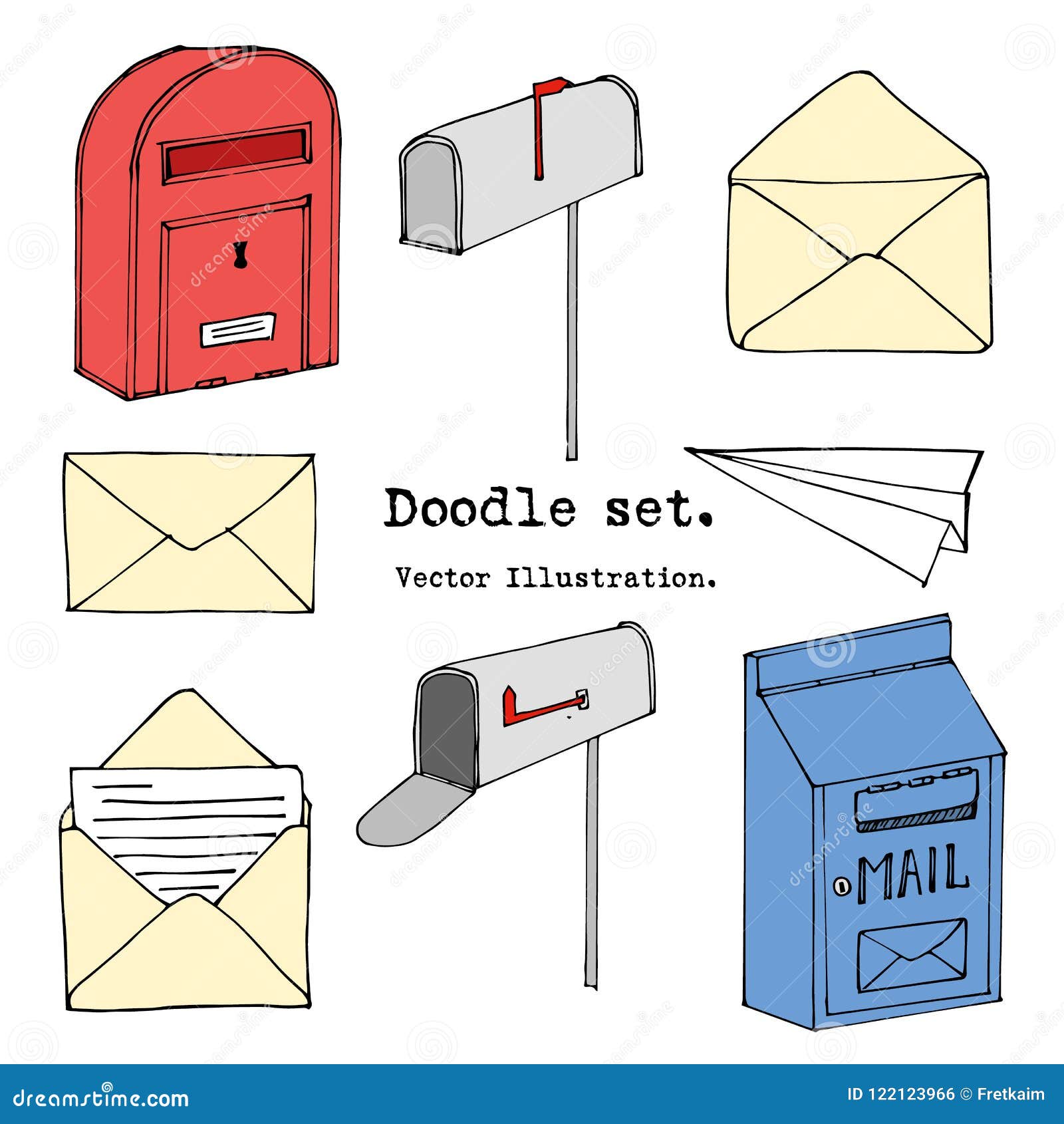 Hand Drawn Mail, Post, Letter, Envelope, Paper Plane Cartoon Set ...