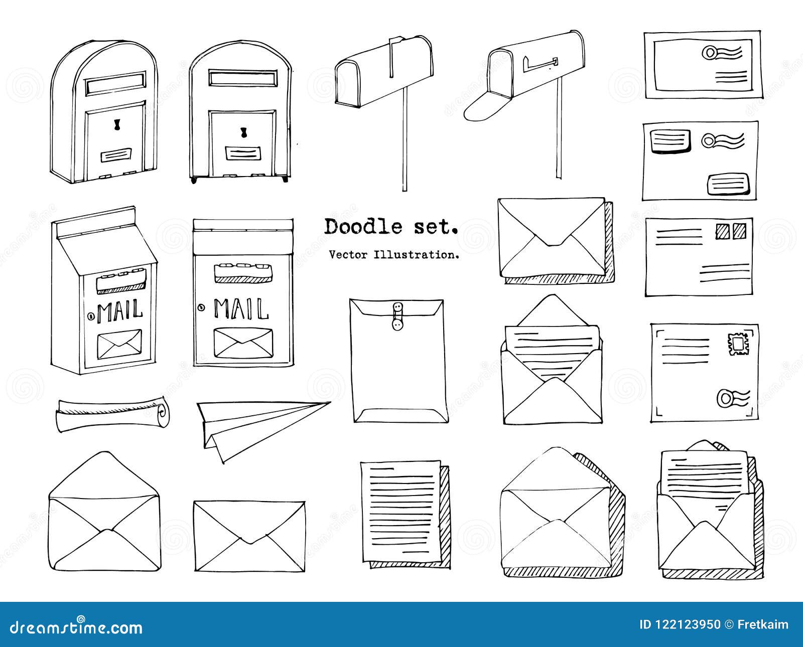 Hand Drawn Mail, Post, Letter, Envelope, Paper Plane Set. Vector ...