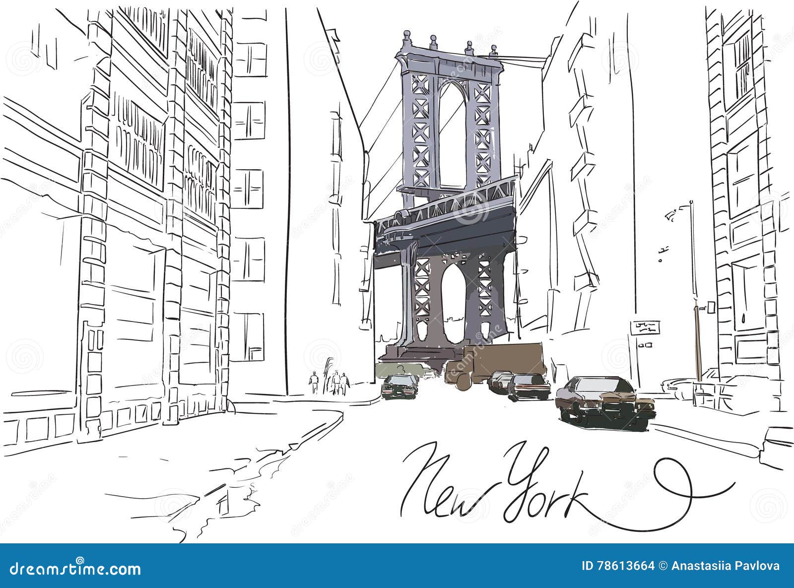 Hand Drawn Manhattan Bridge with Street Vector Illustration Stock ...