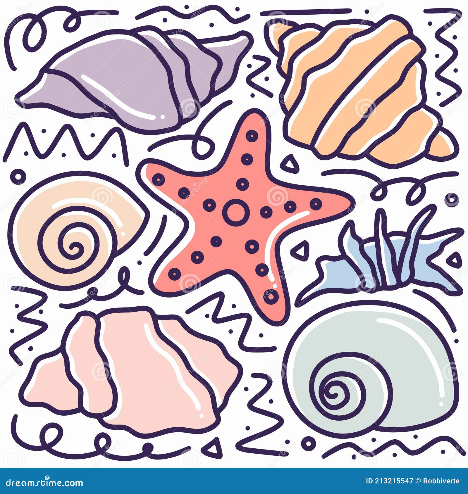 Hand Drawn Marine Biota Doodle Set Stock Vector - Illustration of ...