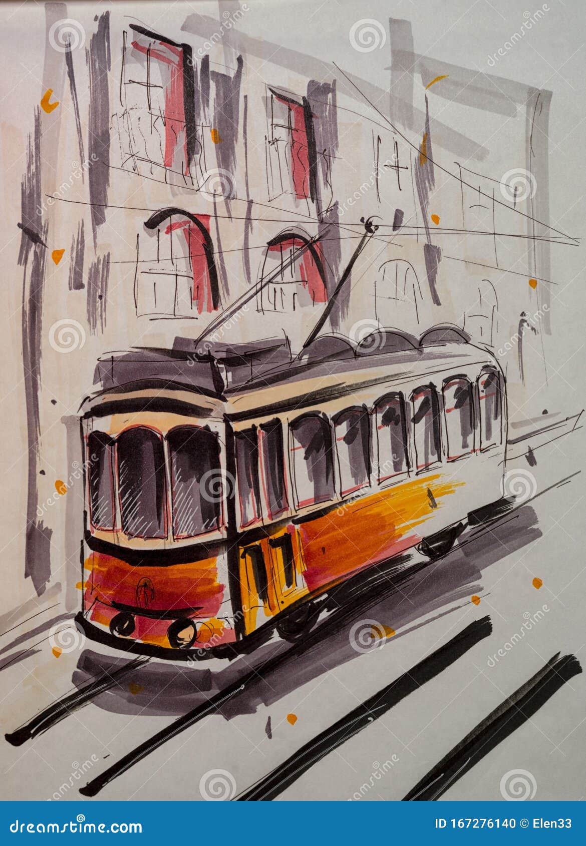 Hand Drawn Marker Sketch of a Tram Stock Illustration - Illustration of ...
