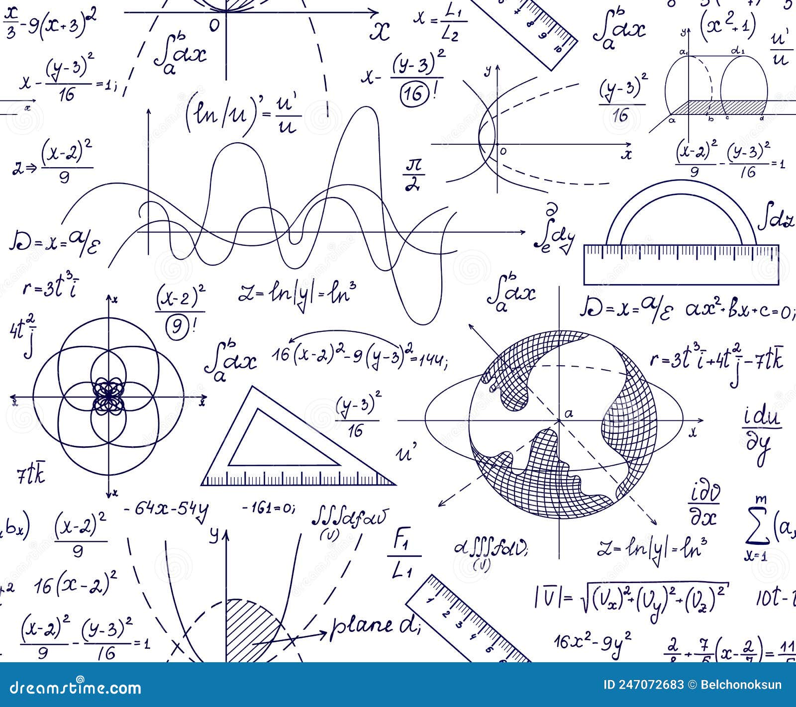 Hand Drawn Mathematical Vector Seamless Pattern with Handwritten ...
