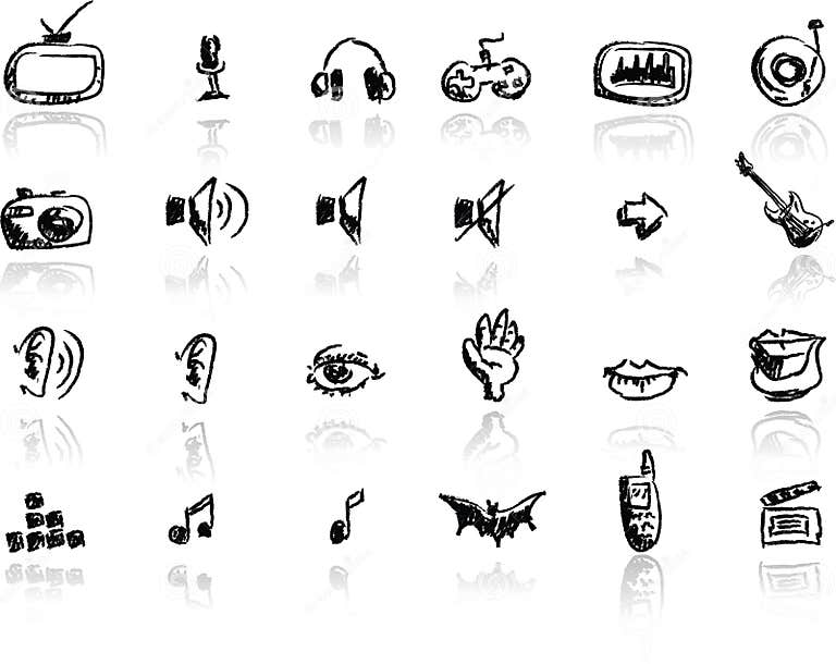 Hand drawn media icon set stock illustration. Illustration of internet ...