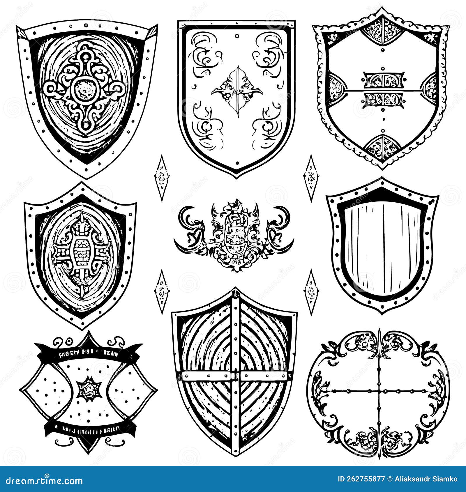 Hand Drawn Medieval Shields Set Stock Vector - Illustration of ...