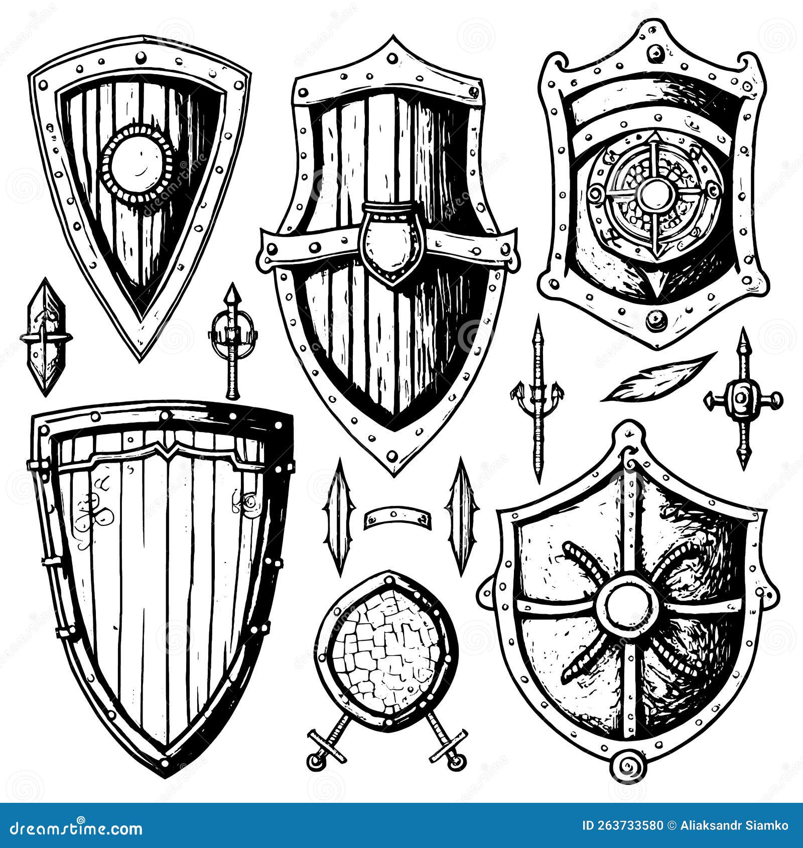 Hand Drawn Medieval Shields Set Stock Vector - Illustration of force ...