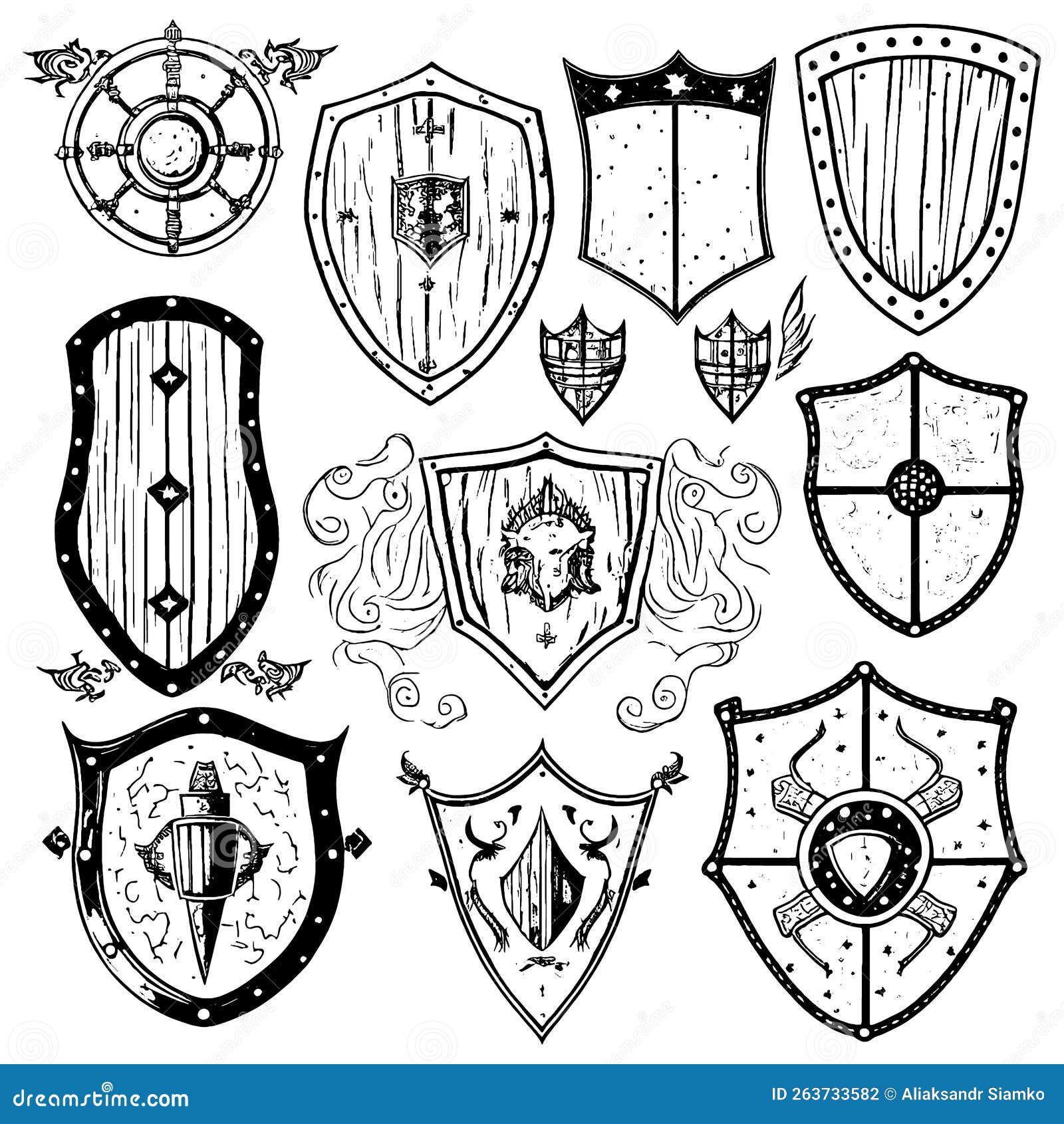 Hand Drawn Medieval Shields Set Stock Vector - Illustration of protect ...