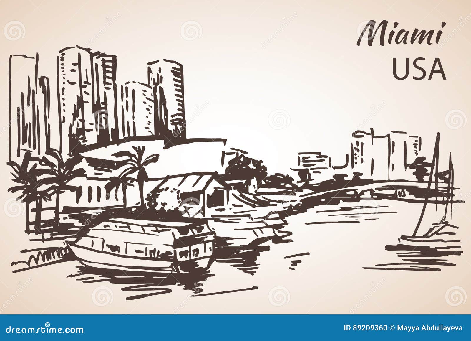Miami City Skyline Black And White Silhouette. Cartoon Vector ...