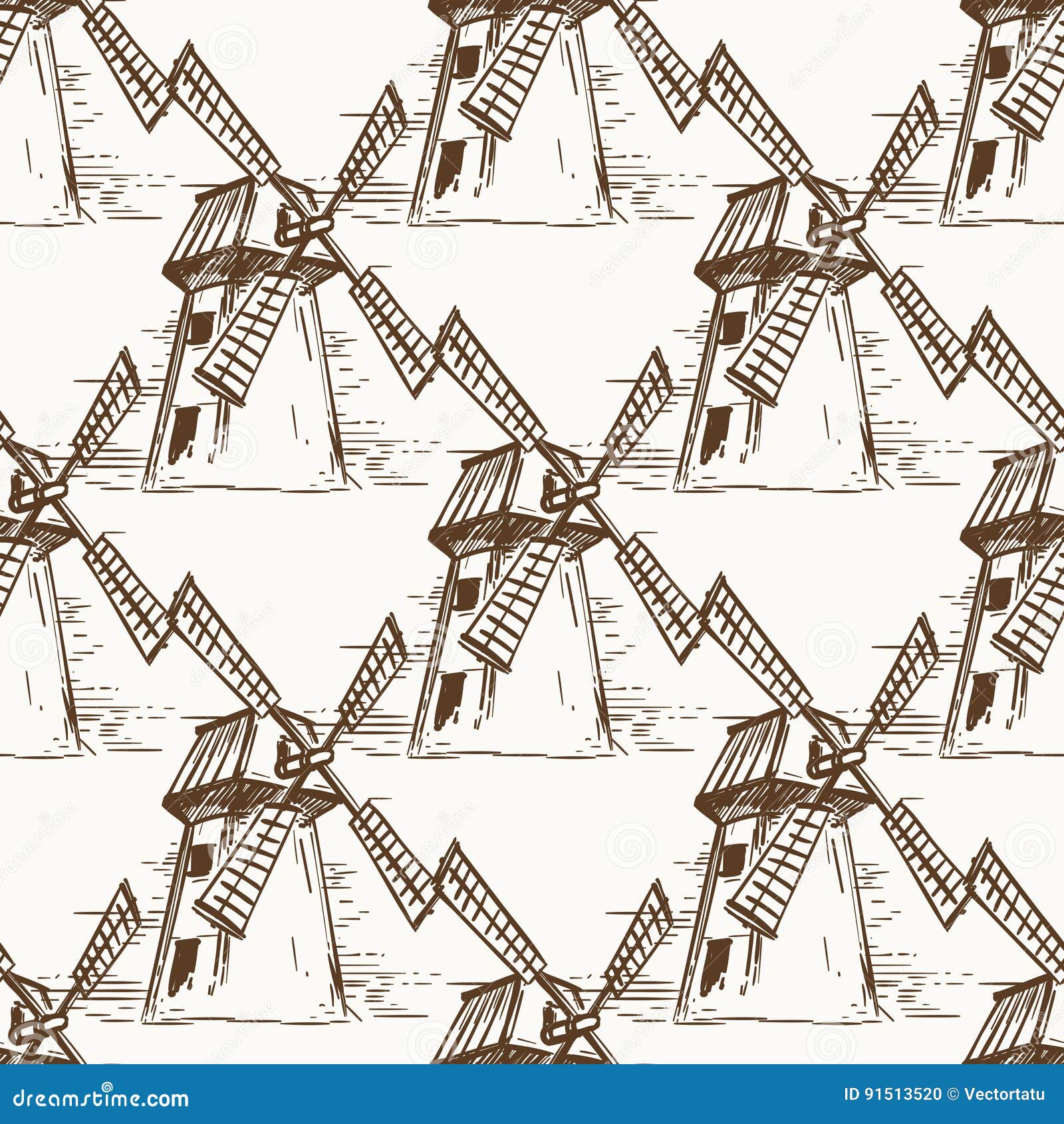 Hand Drawn Mill Seamless Pattern Stock Vector - Illustration of drawing ...