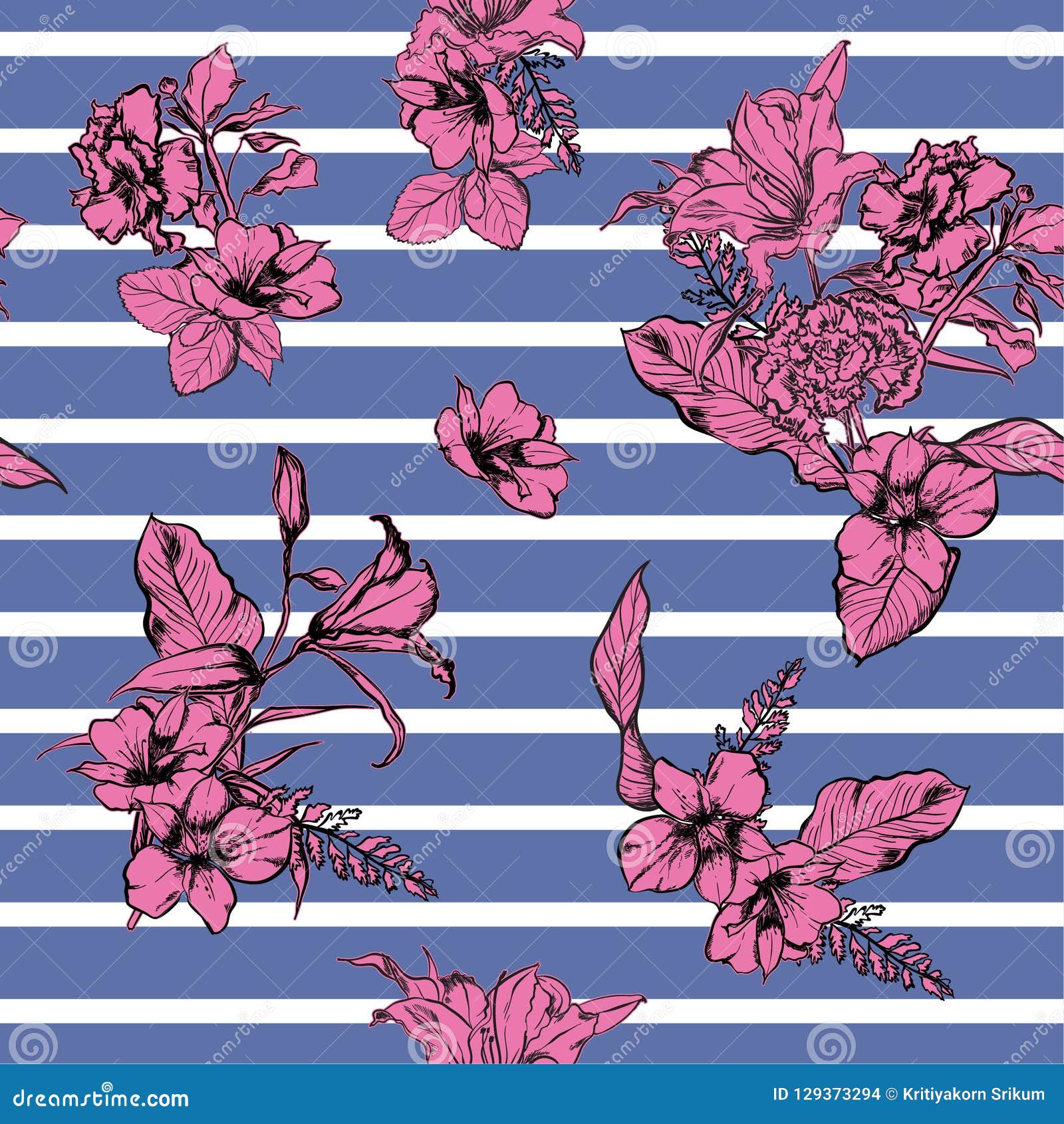 Hand Drawn Modern Flowers Seamless Pattern Vector on Stripe Design for ... Hand Drawn Modern Flowers Seamless Pattern Vector on Stripe Design for ...