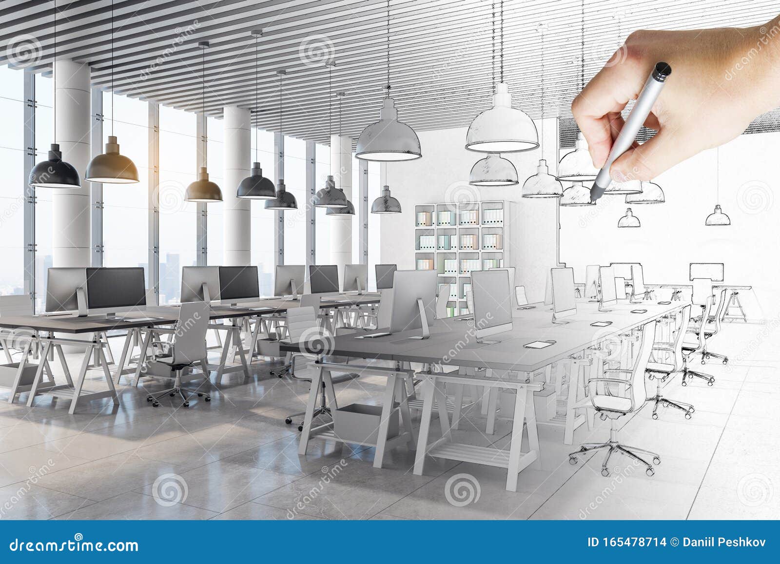 Hand drawn modern office stock photo. Image of concrete - 165478714