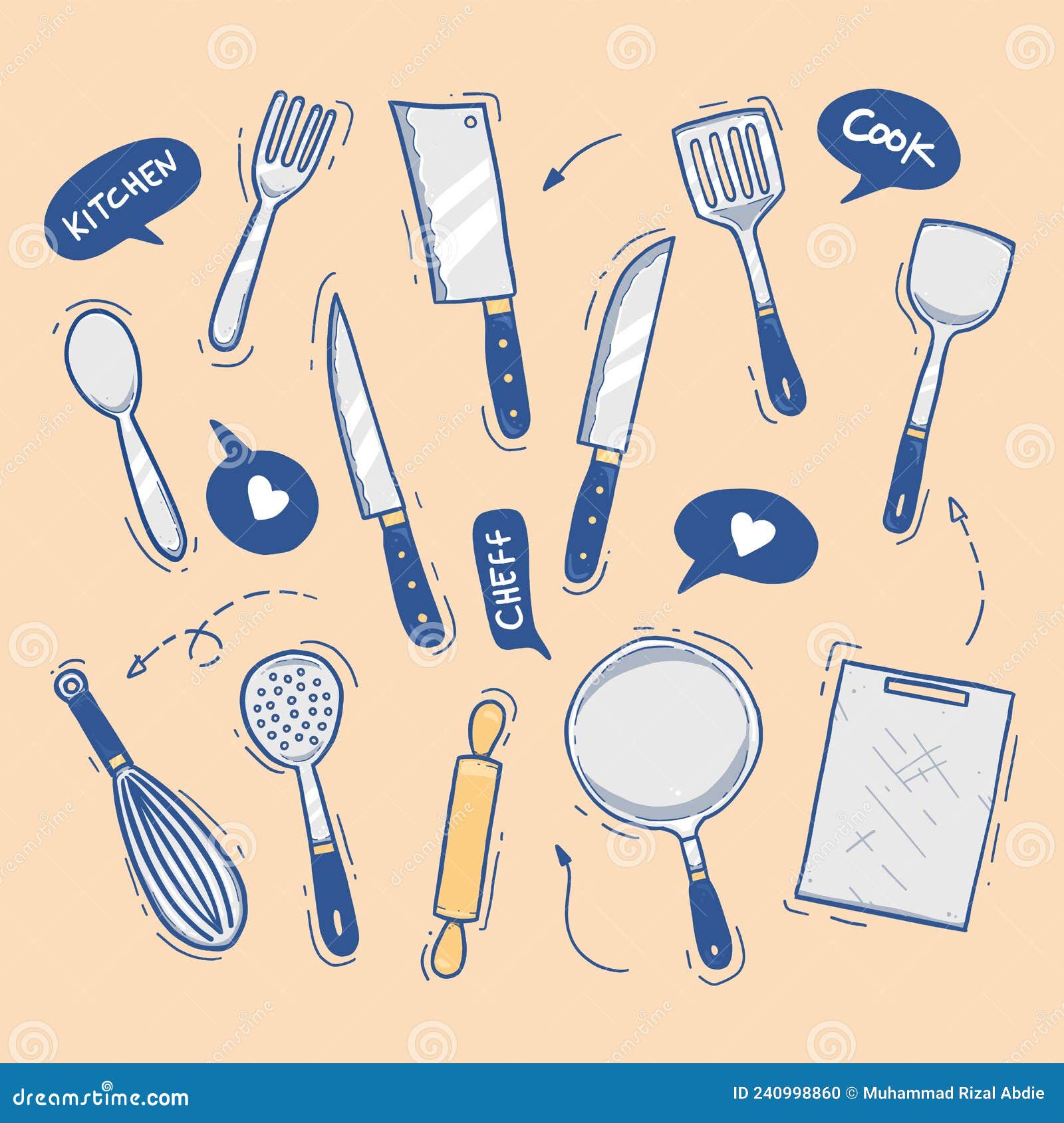 Hand Drawn Modern Various Cooking Utensil Kitchen Tools Vector Set ...