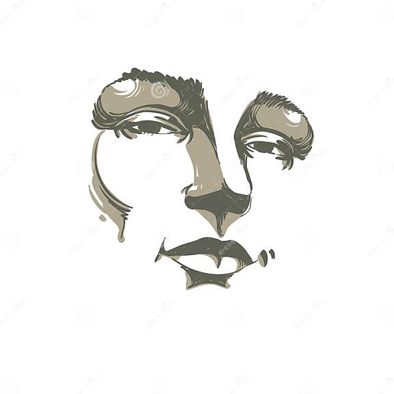 Hand Drawn Monochrome Portrait Of White Skin Flirting Woman Face