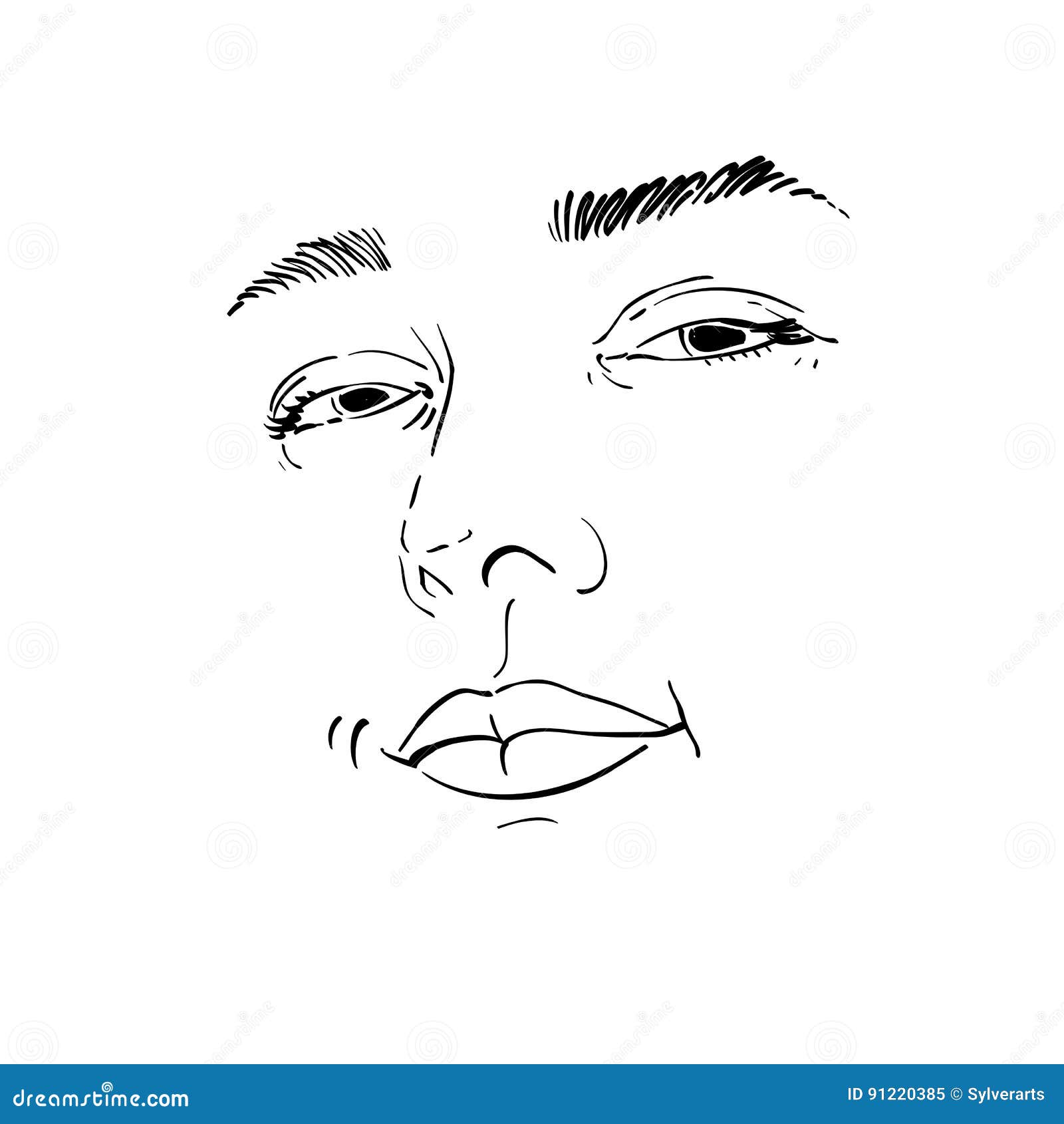 Hand Drawn Monochrome Portrait Of White Skin Flirting Woman Face