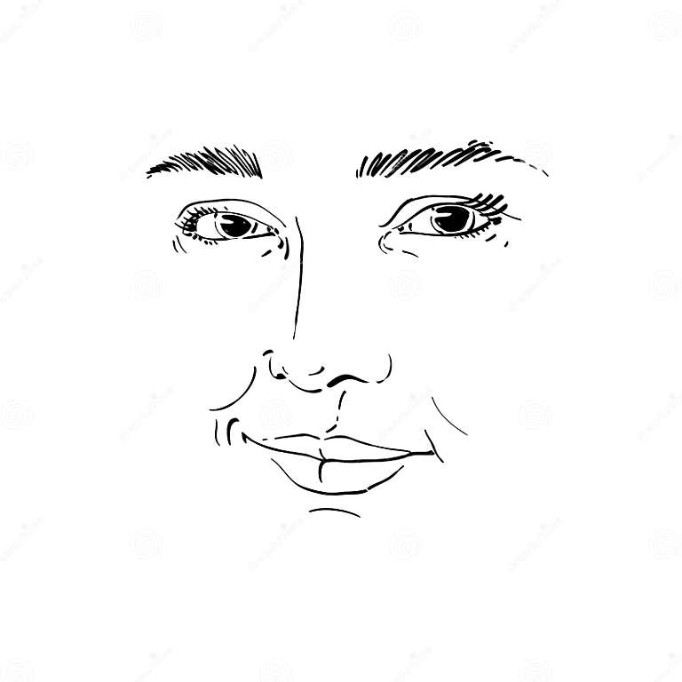 Hand Drawn Monochrome Portrait Of White Skin Flirting Woman Face
