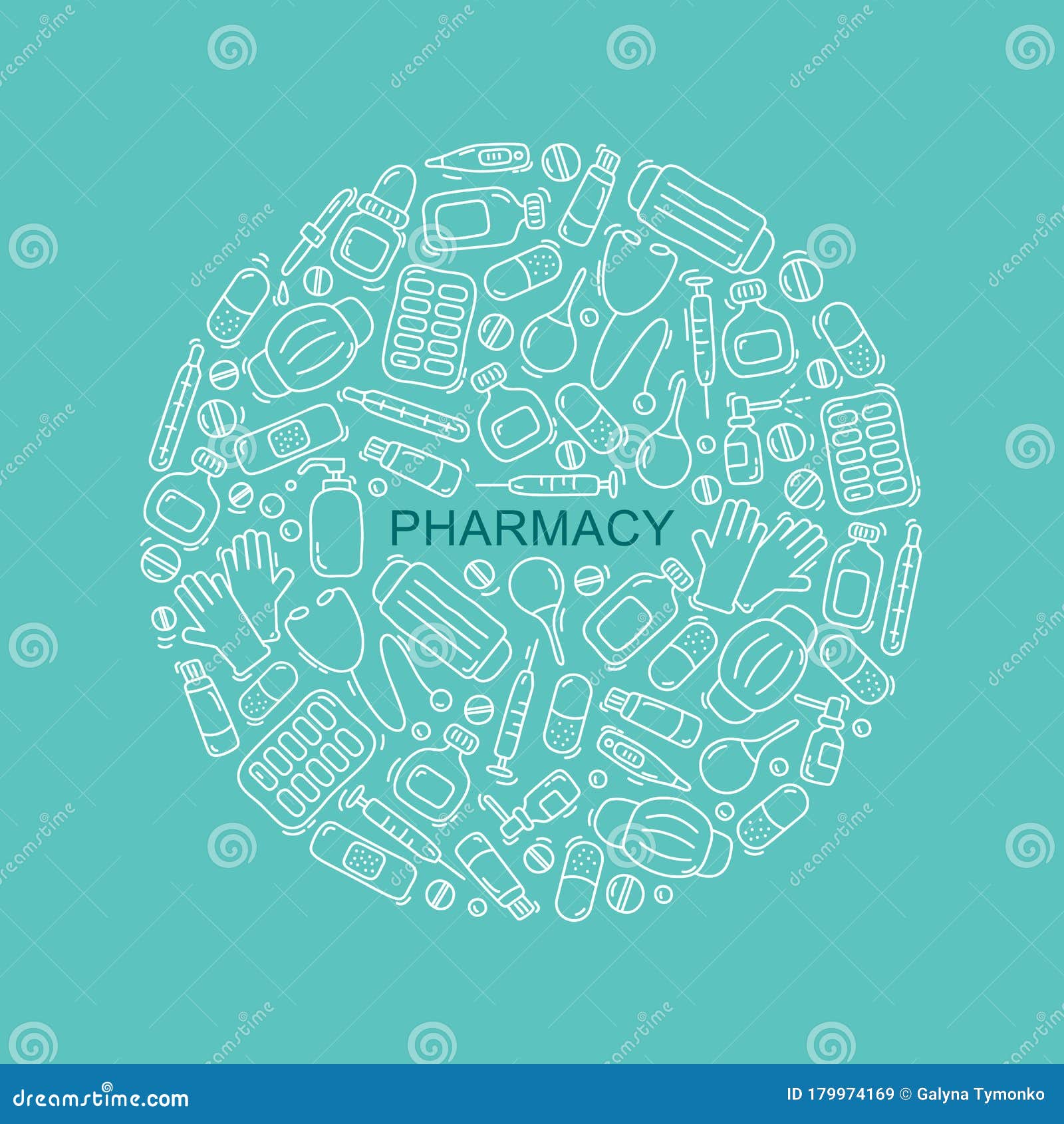 Hand Drawn Monoline Pharmacy Doodle Set Background with Lettering in ...