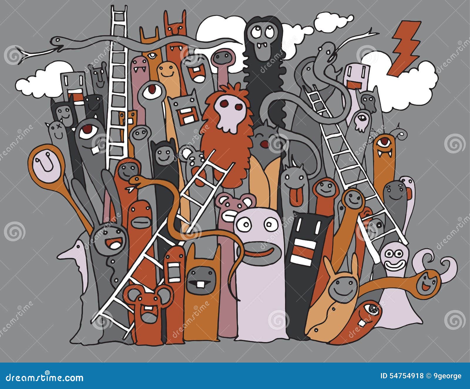 Hand Drawn Monsters And Snake Ladder Vector Illustration ...