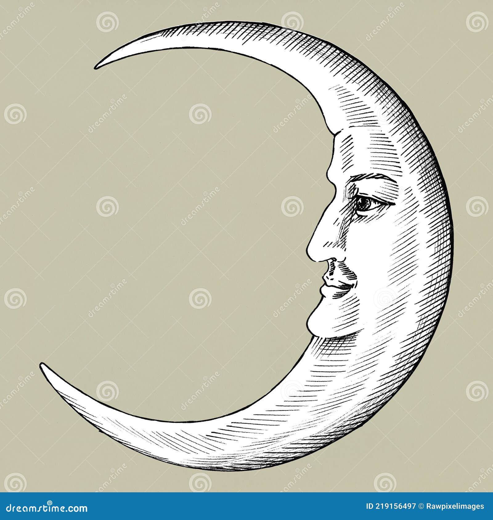 Hand drawn moon with face stock illustration. Illustration of lunar ...