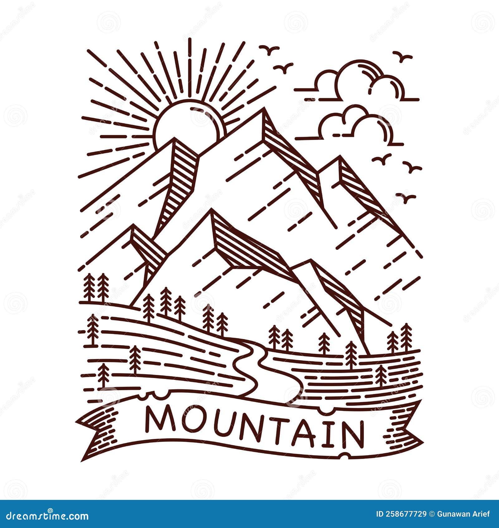 Hand Drawn Mountain View Line Illustration Stock Vector - Illustration ...