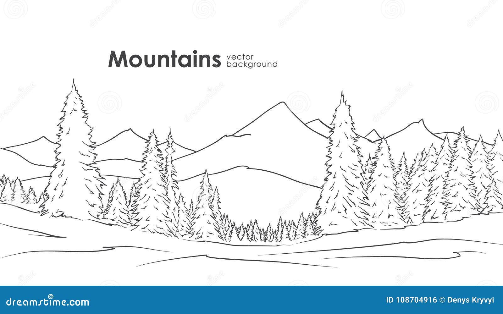 Hand Drawn Mountains Sketch Background with Pine Forest on Foreground ...