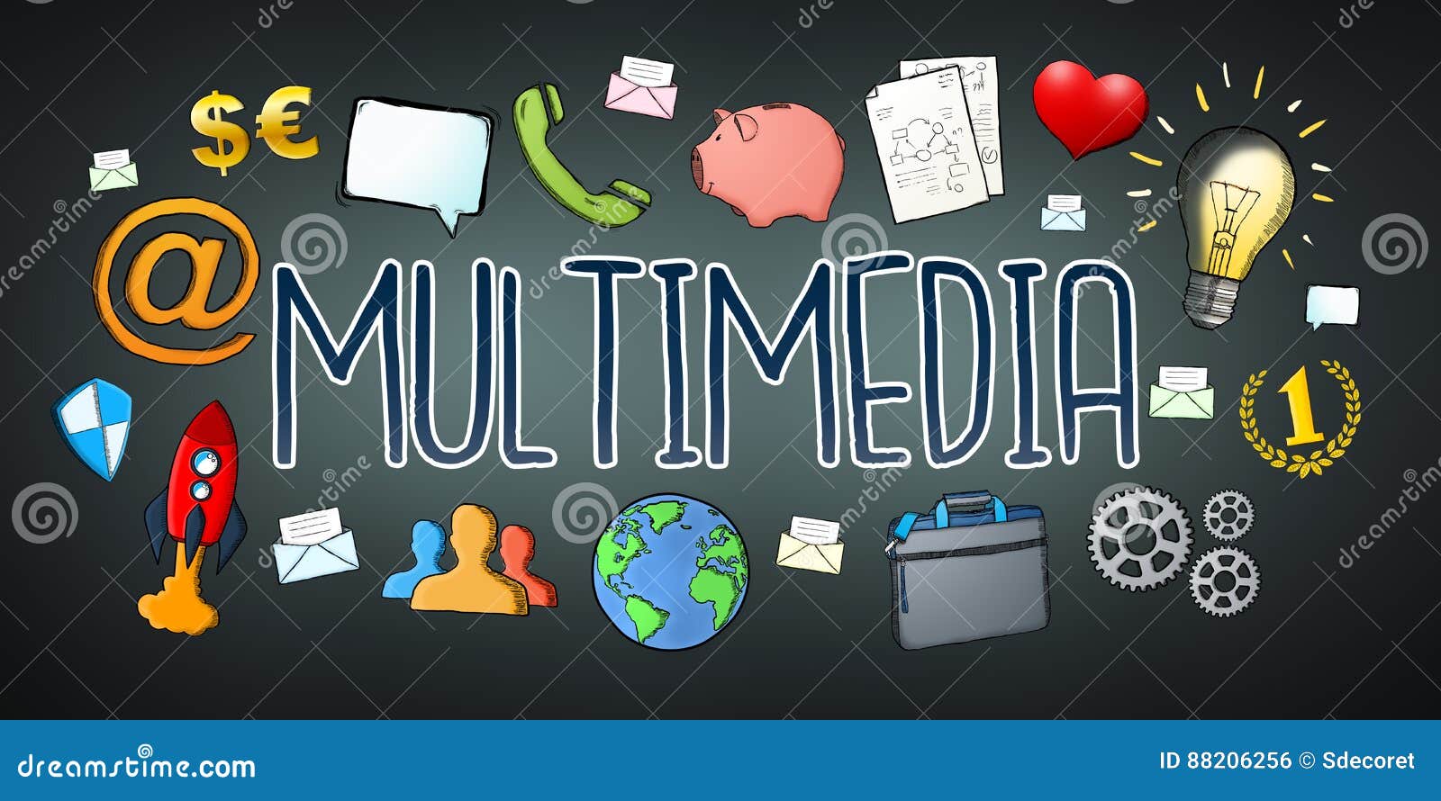 Hand-drawn Multimedia Technology Digital Text with Icons Stock ...