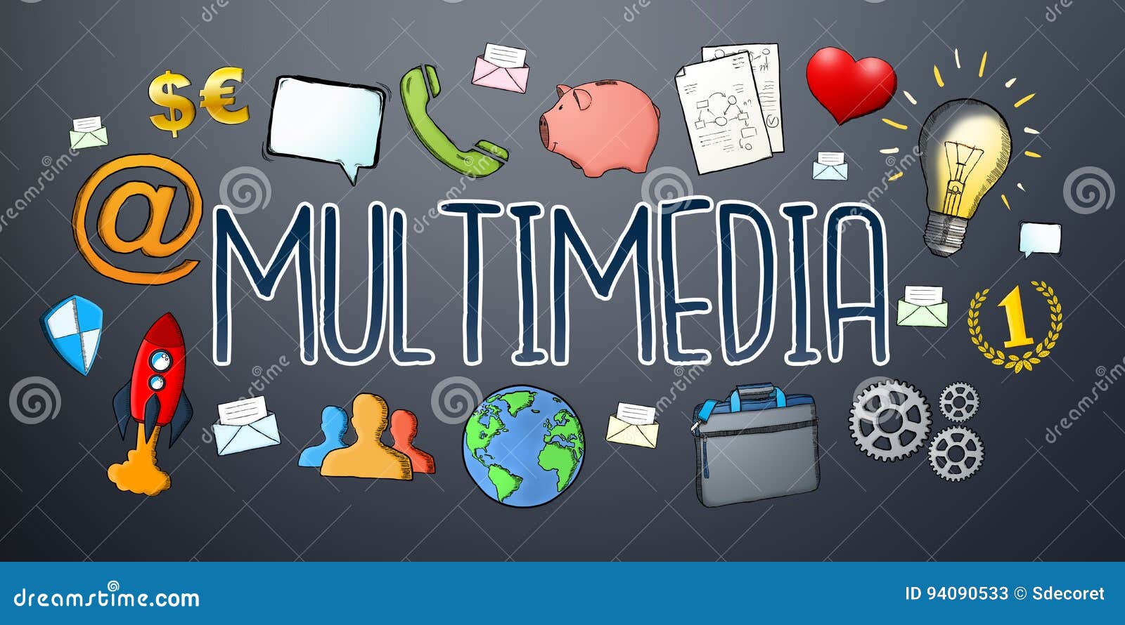 Hand-drawn Multimedia Technology Digital Text with Icons Stock ...