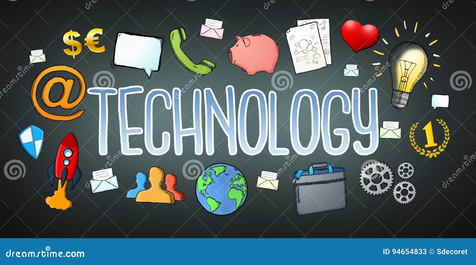 Hand-drawn Multimedia Technology Digital Text with Icons Stock ...