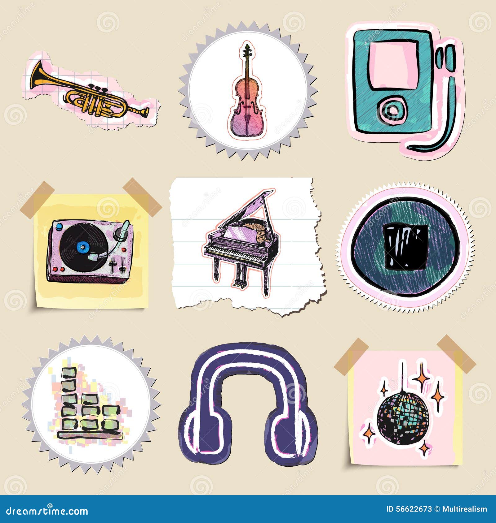Hand Drawn Music Emblems Set. Isolated Stock Vector - Illustration of ...