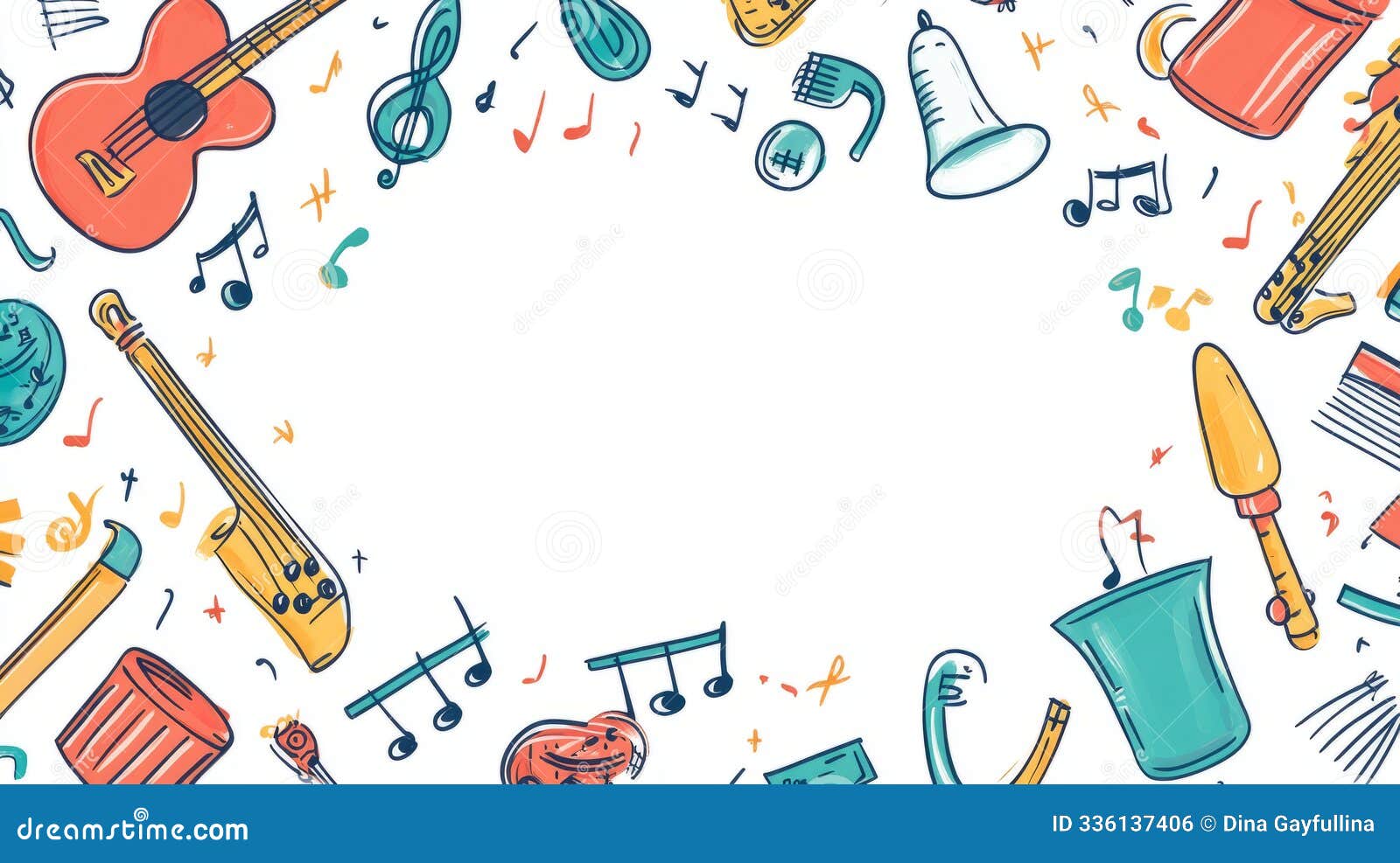 Hand-drawn Musical Instruments and Notes Frame on a White Background ...