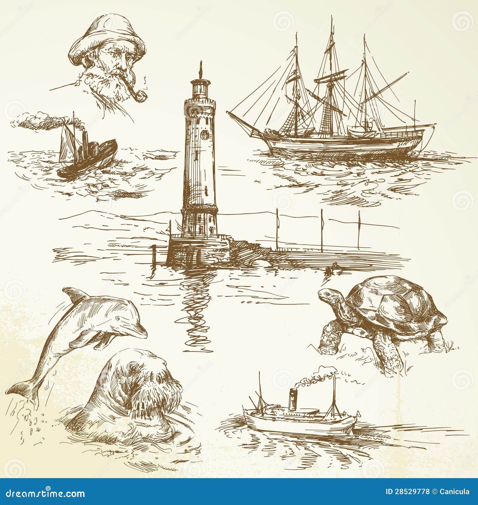 Hand Drawn Nautical Elements Stock Vector - Illustration of navigation ...