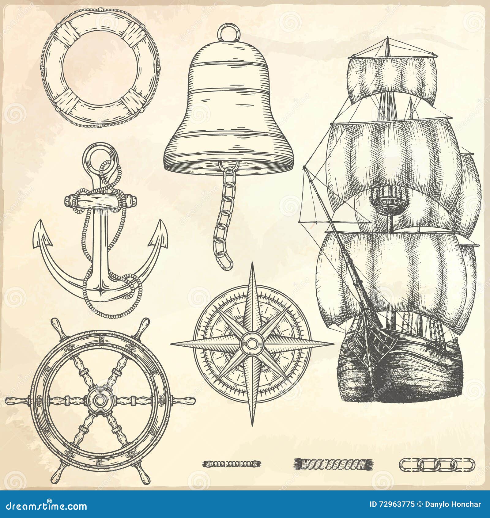 Hand Drawn Nautical Illustrations. Stock Vector - Illustration of ...